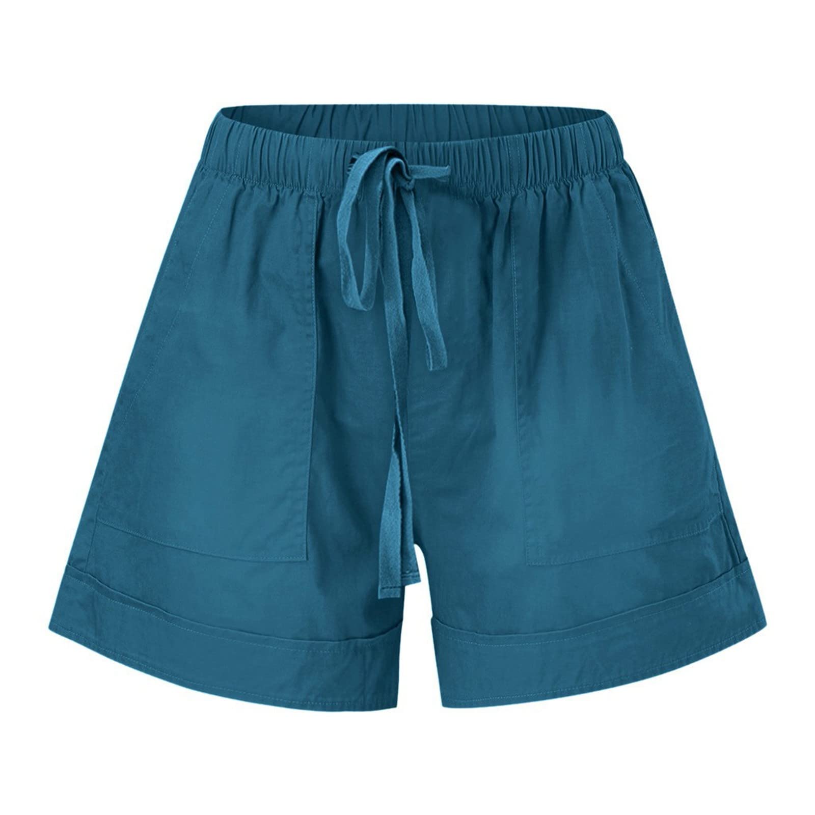 minjiSF Pants Waist Splice Shorts Pocketed Comfy Womens Elastic Loose Drawstring Casual Pants Women Shorts Set Blue