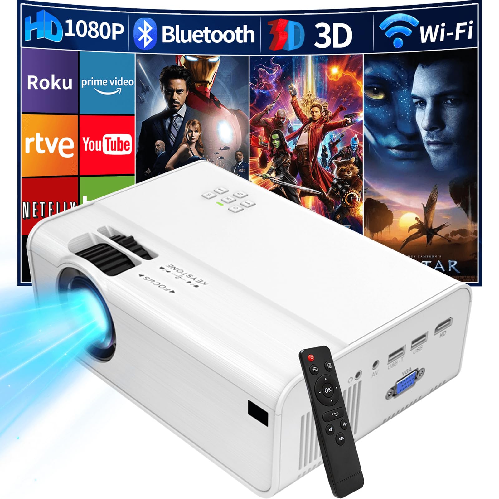 KEJOG Projector Portable 2023 Mini WiFi Bluetooth 1080P Outdoor Video Games Home Theater Proyector support Android/iOS/Windows via HDMI/USB/VGA/AV for Smartphone/TV Stick/Set-Top Box/PS5/XBox