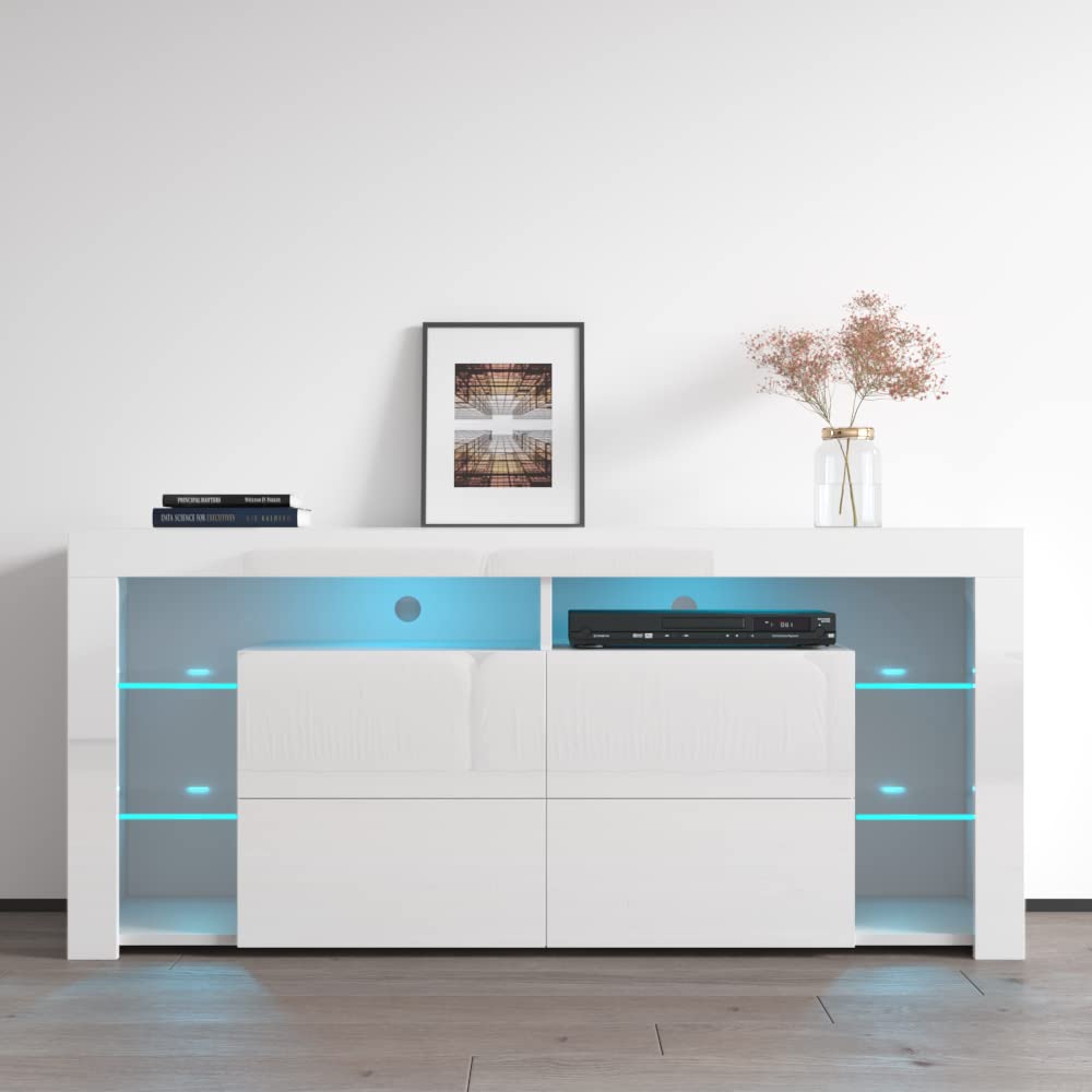 Meble Furniture Minelli TV Stand for TVs up to 70", Modern High Gloss 61" Entertainment Center, TV Media Console with Storage Cabinets and LED Lights