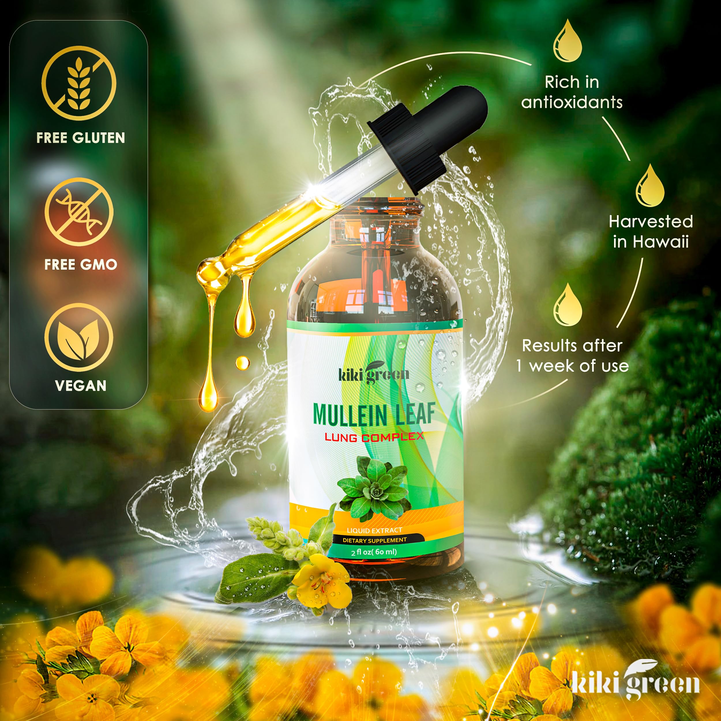 KIKI Green Liquid Mullein Leaf Tincture - Herbal Supplement from Mullein Herb for Lung Cleanse, Respiratory Health, Immune Support, Liquid Supplement Extract 2 fl oz