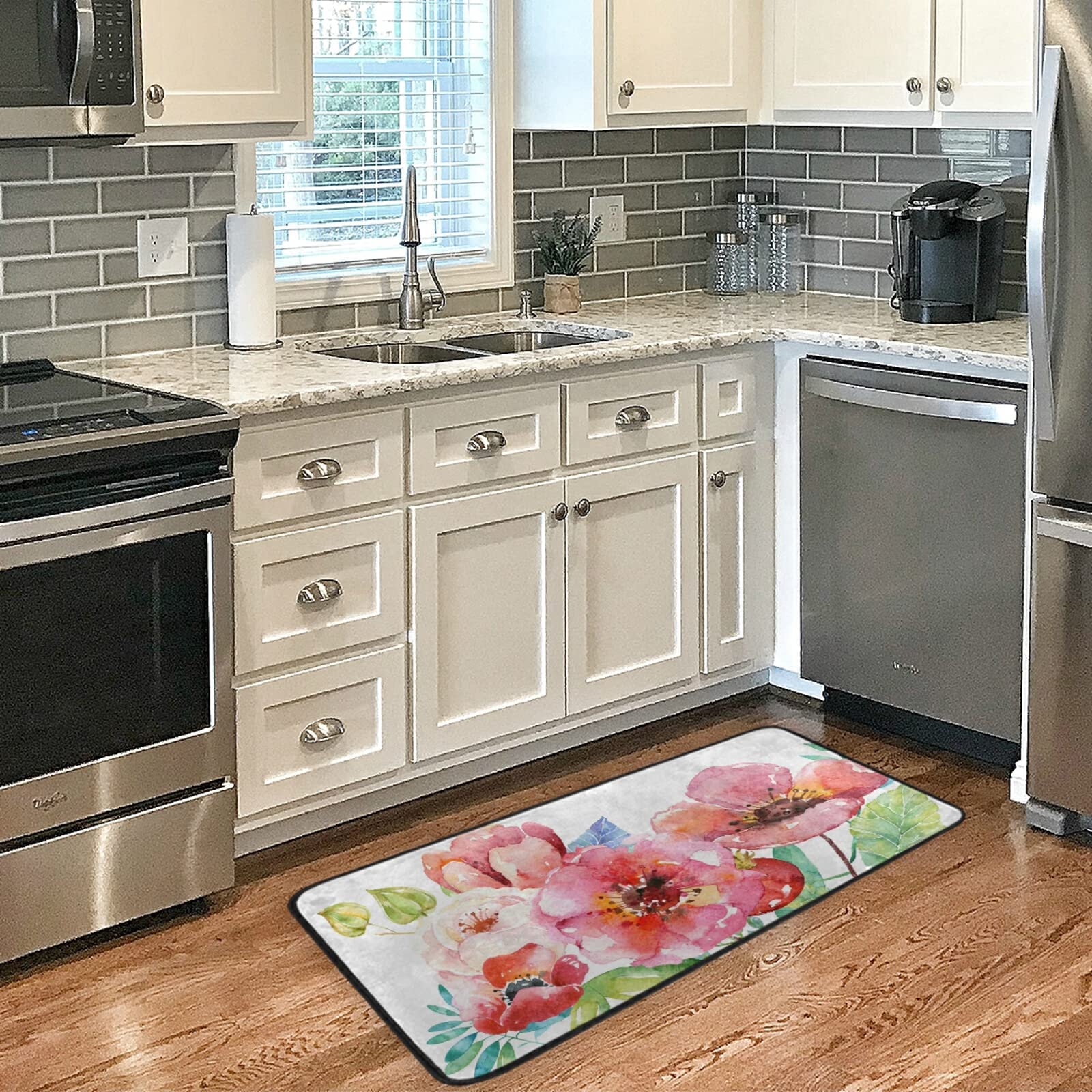 Pink Flower Kitchen Mat Floral Bouquet Kitchen Rug 39 X 20 Inch White Under Sink Mats Non Slip Soft Standing Mats Anti Fatigue Floor Mat Bath Rug Runner Doormat Carpet for Outside Decor