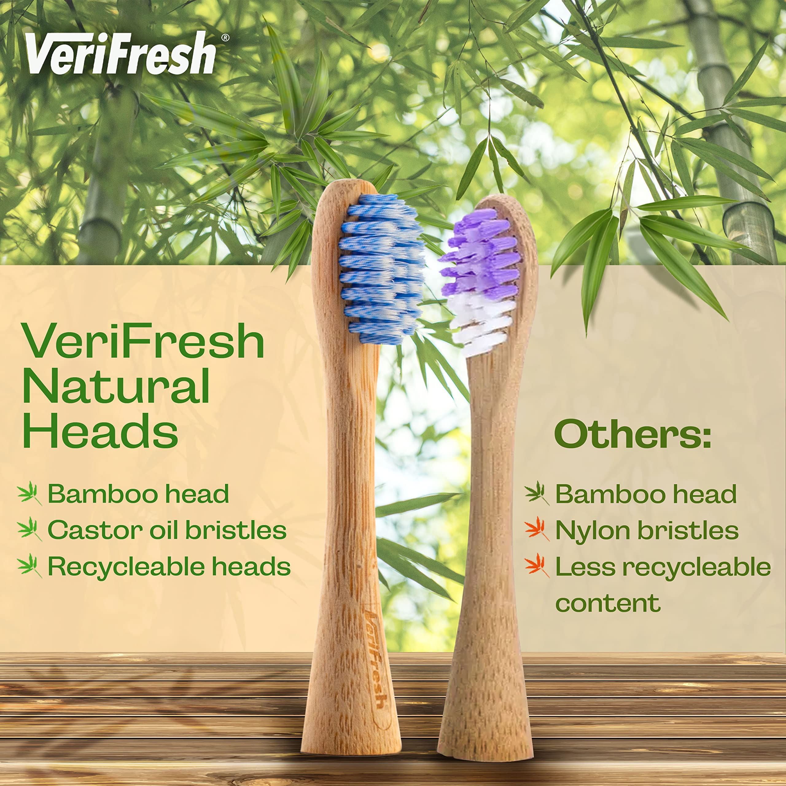 VeriFresh Sonic Bamboo Toothbrush - Biodegradeable Bamboo Heads with Castor Oil bristles - Includes 2 Brush Heads