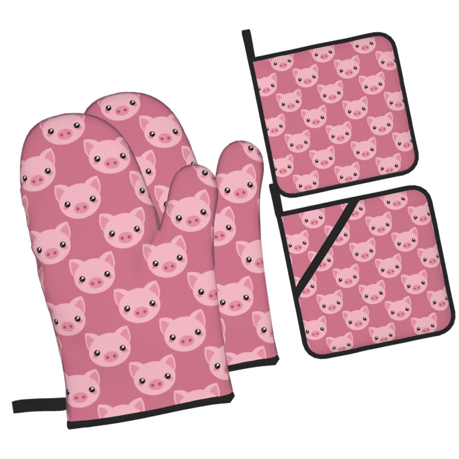 Pink Pig Oven Mitts and Pot Holders Set of 4 Washable Heat Resistant Kitchen Gloves Waterproof Oven Gloves and Hot Pads for Cooking Grilling BBQ Baking