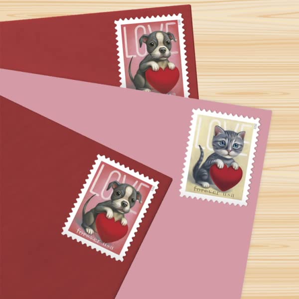 Love 2023 Dog and Cat Forever First Class Postage Stamps 1/2 Sheet (10 Stamps), Red