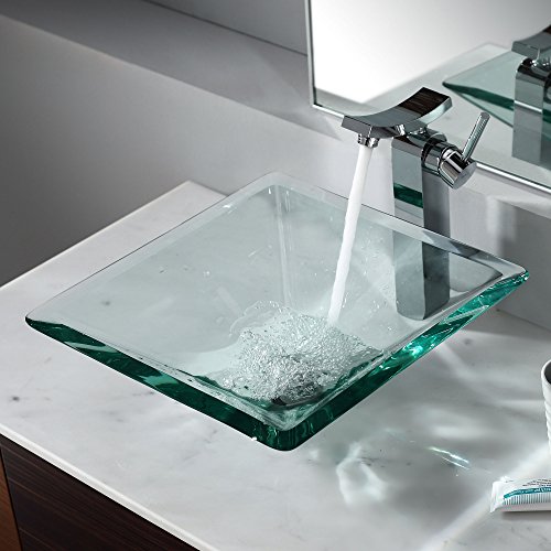 Kraus GVS-901-19mm-SN Aquamarine Square Clear Glass Vessel Bathroom Sink with PU-MR Satin Nickel