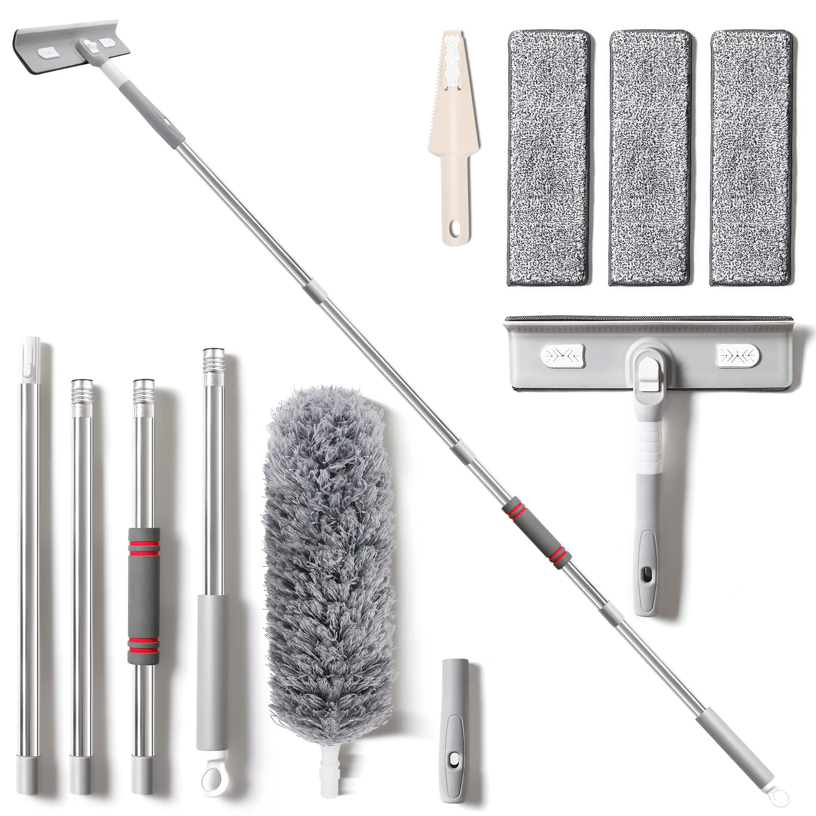 Window Squeegee Cleaner 2 in 1 Rotatable Window Cleaning Tool Kit with Extension Pole, Window Washing Equipment Includes 1 Dusting Attachments, for Indoor/Outdoor Car Glass, High Window Cleaning