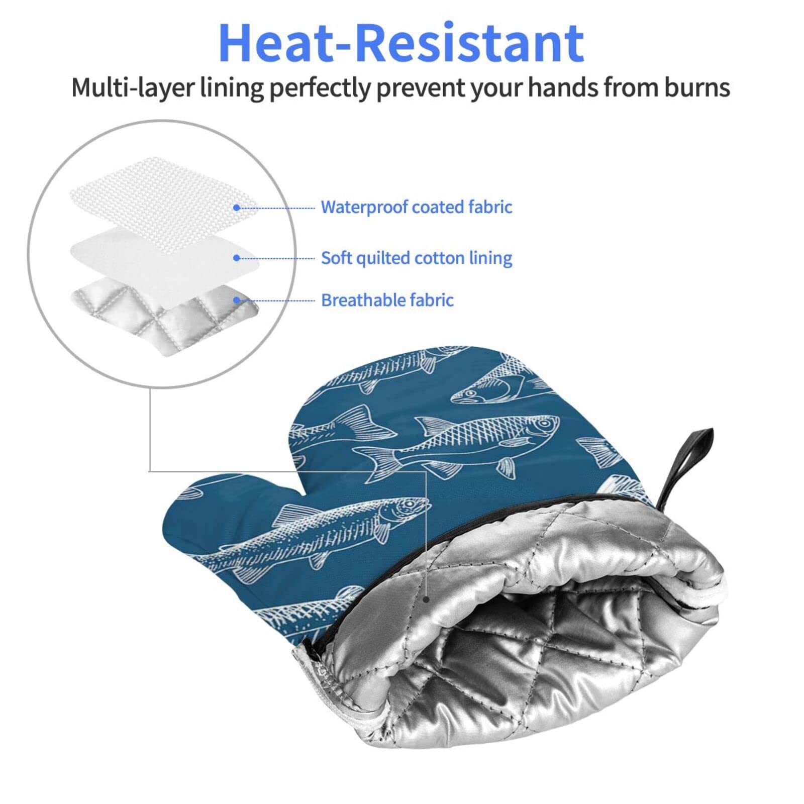 Ocean Fishes Print Oven Mitts Sets,Kitchen Oven Glove High Heat Resistant 500 Degree Oven Mitts and Pot Holder,Surface Safe for Baking, Cooking, BBQ,Pack of 2