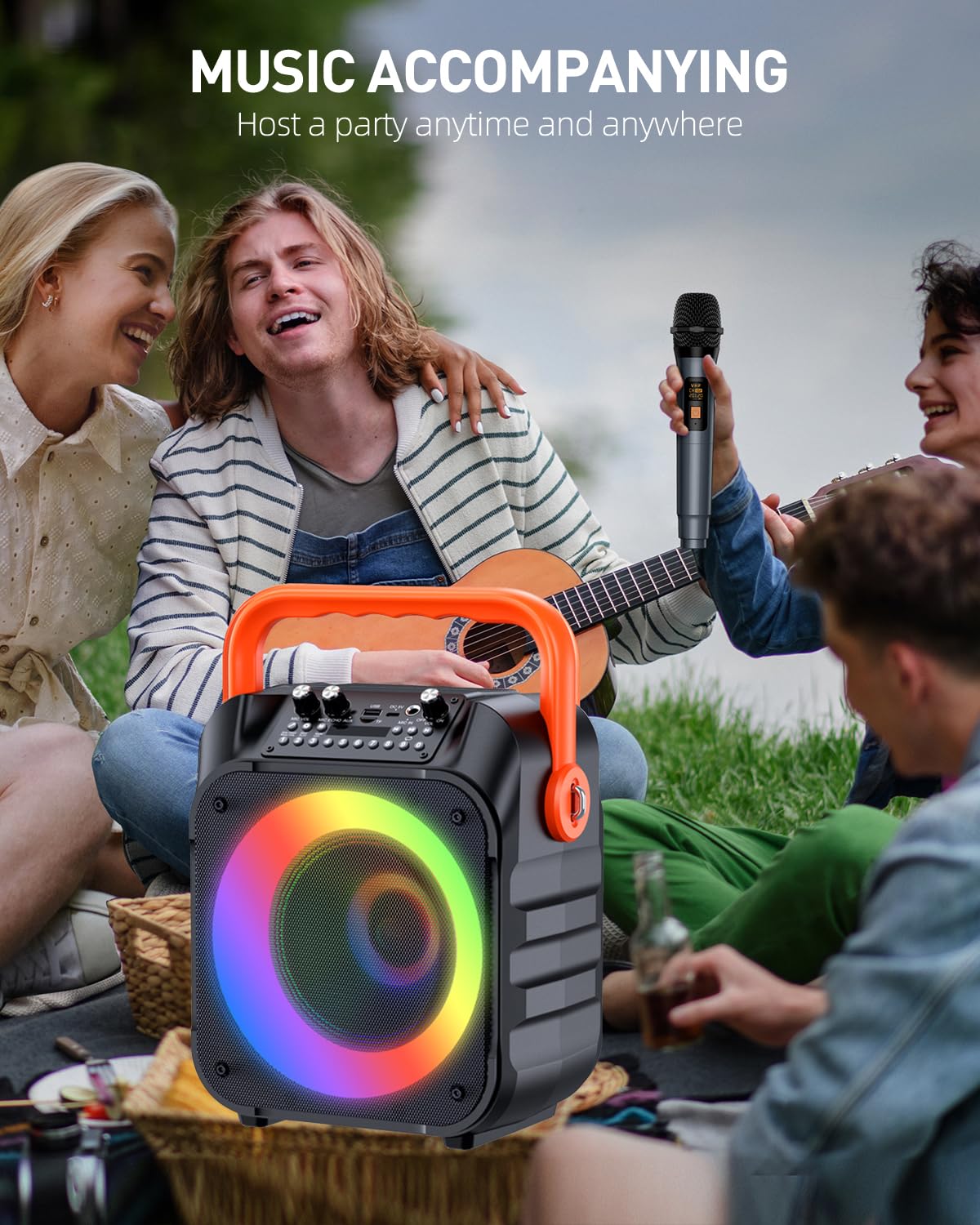 Karaoke Machine with Two Wireless Microphones, Portable Karaoke Machine for Adults & Kids, Karaoke Microphone with PA System, LED Lights, Karaoke Speaker Supports for TF Card/USB, AUX In, FM, REC,TWS