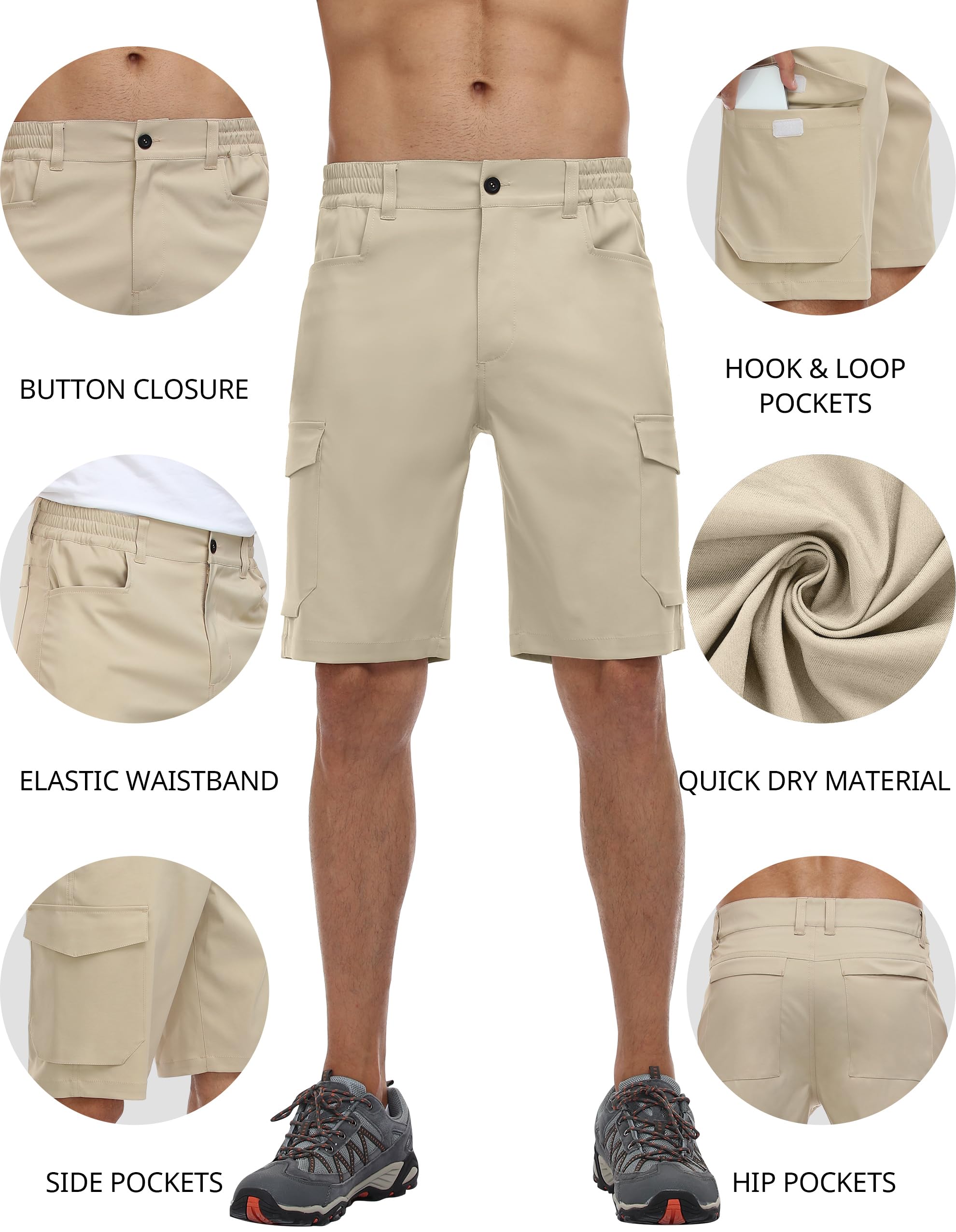 PULI Hiking Shorts Men 10 Inch Inseam Lightweight Cargo Quick Dry Casual Summer Stretch Golf Shorts with Pockets Beige 34