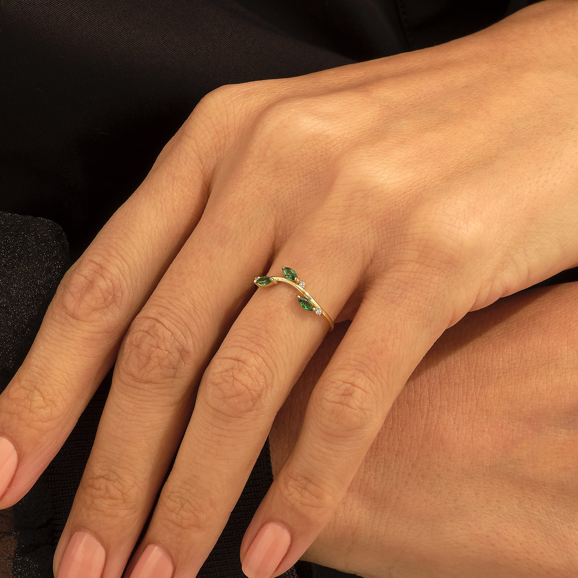 Norm Jewels 14k Gold Leaf Wedding Bands for Women Emerald Stackable Rings May Birthstone Stacking Rings Yellow Gold Rings (Yellow Gold, 3.5)