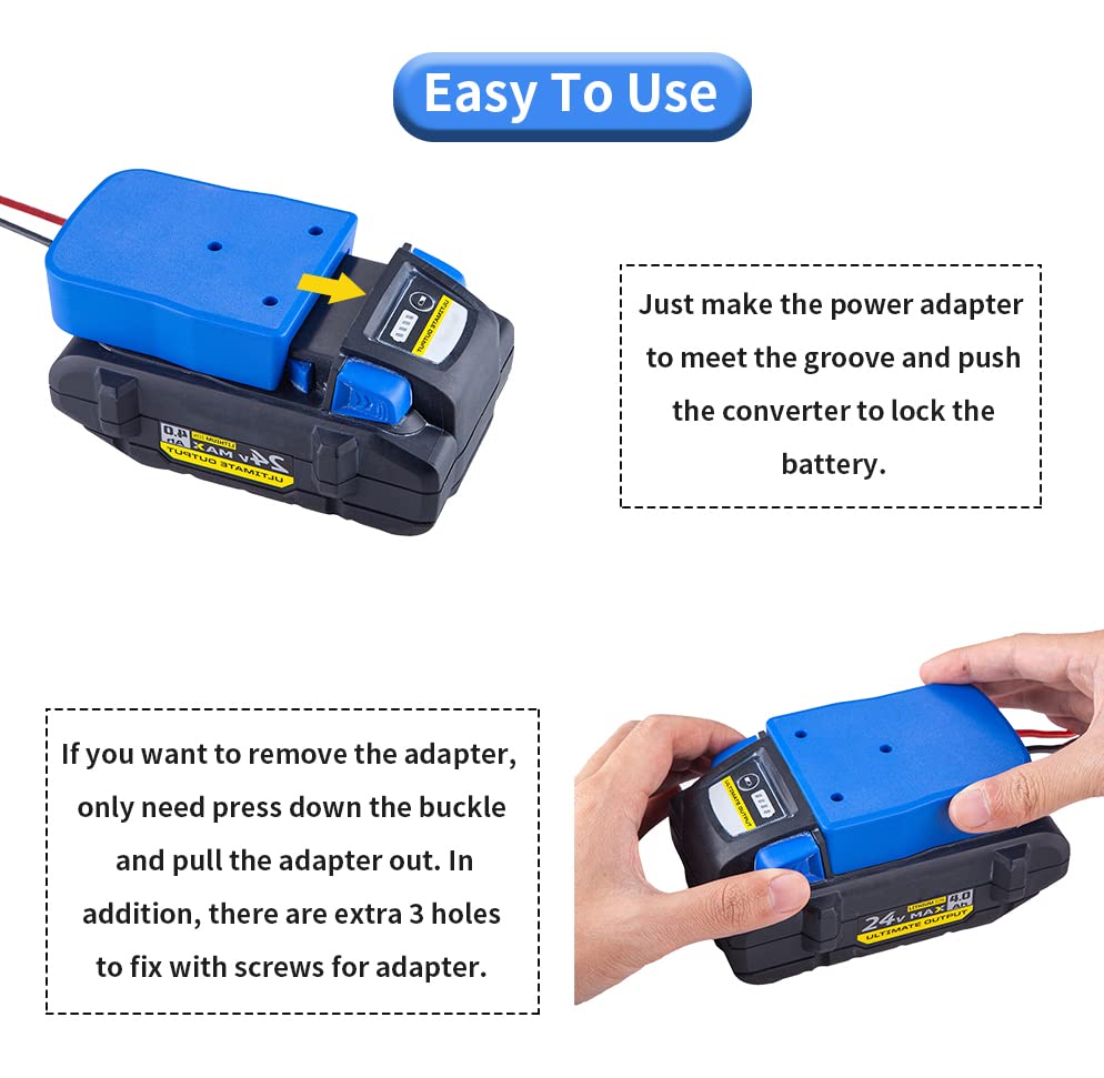 Power Wheel Adapter for Kobalt 24V Max Battery with Fuse & Wire terminals, Power Connector for Rc Car, 14 Gauge Robotics, Rc Truck, DIY use, Work for KB624-03 KB524-03 KB424-03 KB224-03 Battery