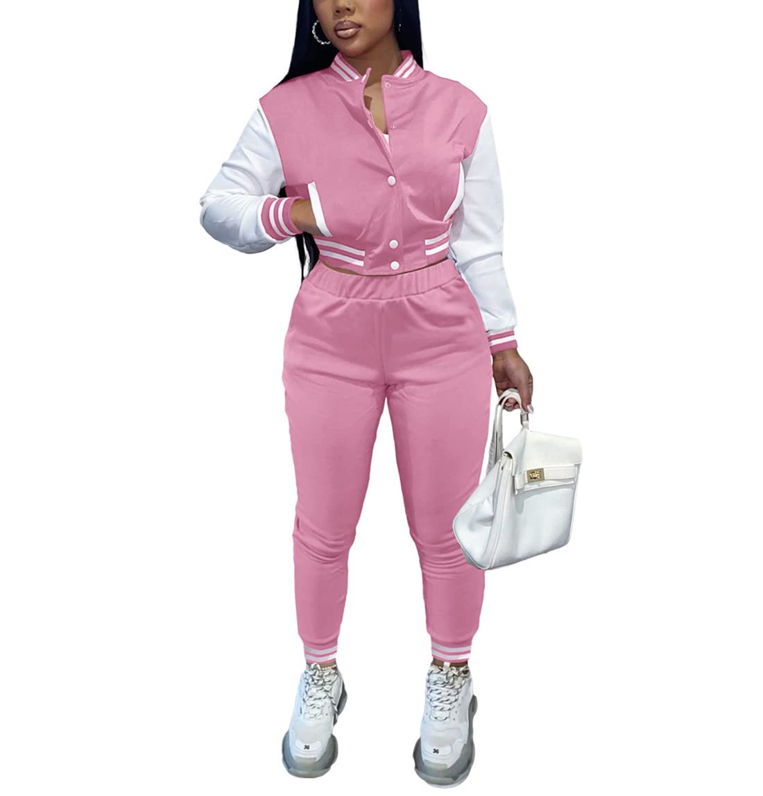 Remelon Womens 2 Piece Varsity Tracksuit Outfits Casual Long Sleeve Bomber Jackets Sweatpants Baseball Suit Sweatsuits