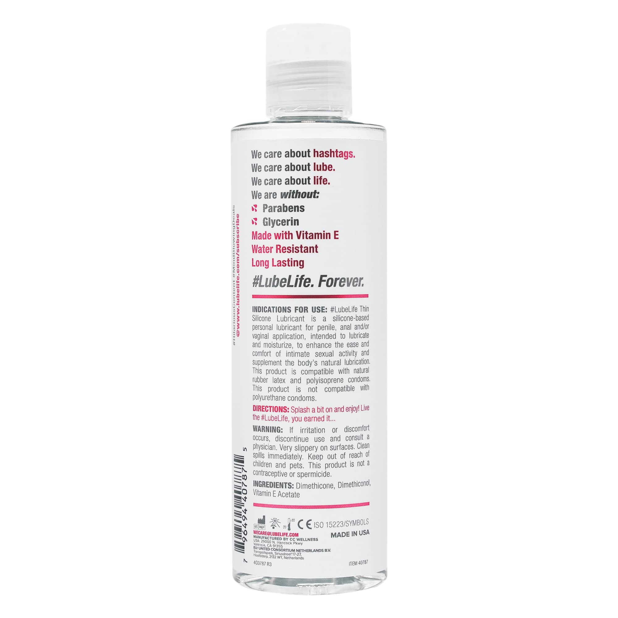 Lube Life Barely There Thin Silicone-Based, Long Lasting, Water Resistant, Personal Lubricant for Men, Women and Couples, 8 Oz