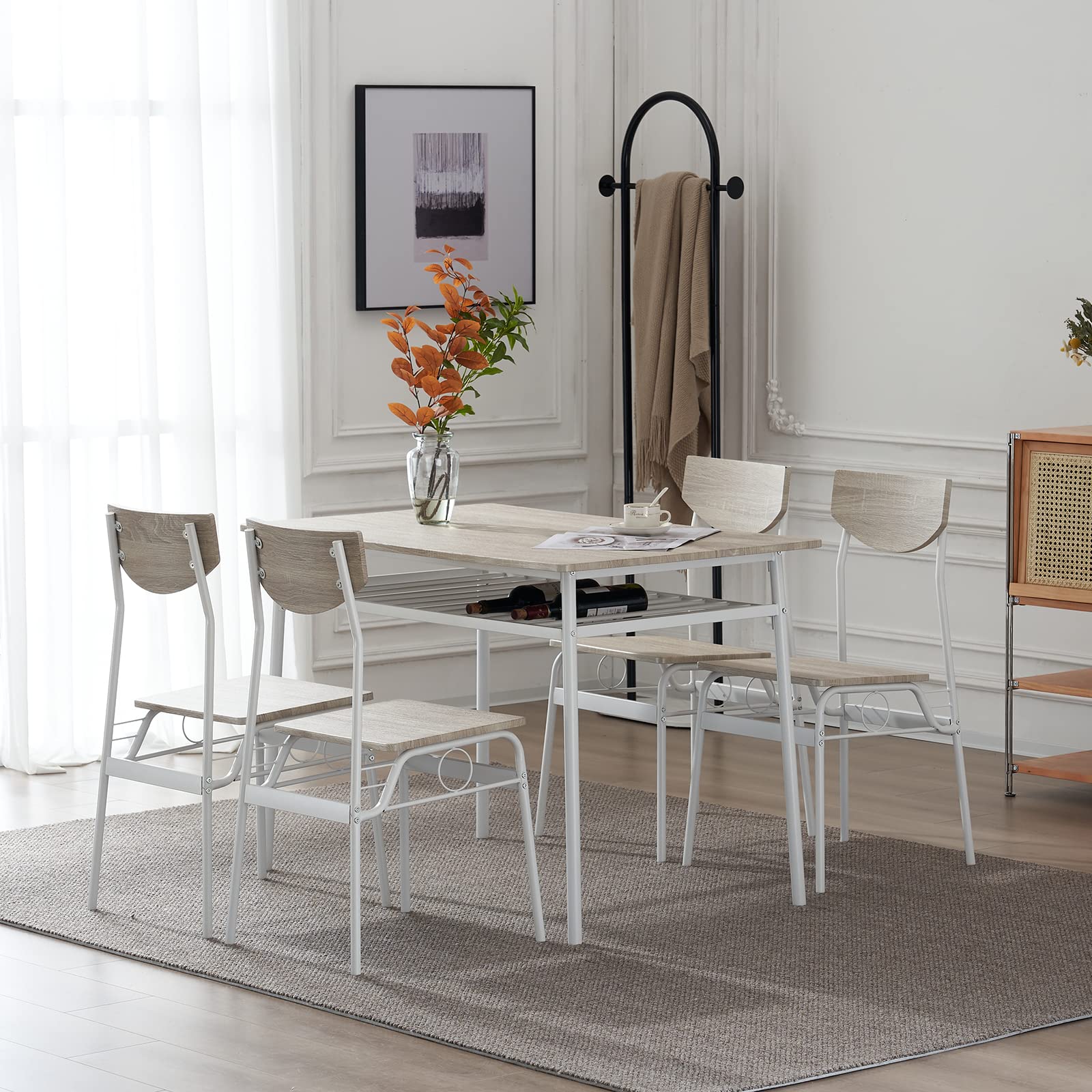 Karl home 5-Piece Dining Table Set for 4, Rectangular Table and 4 Chairs, Farmhouse Table Set for Kitchen & Dining Room, Industrial Metal Frame & Storage Rack, Save Space (White)