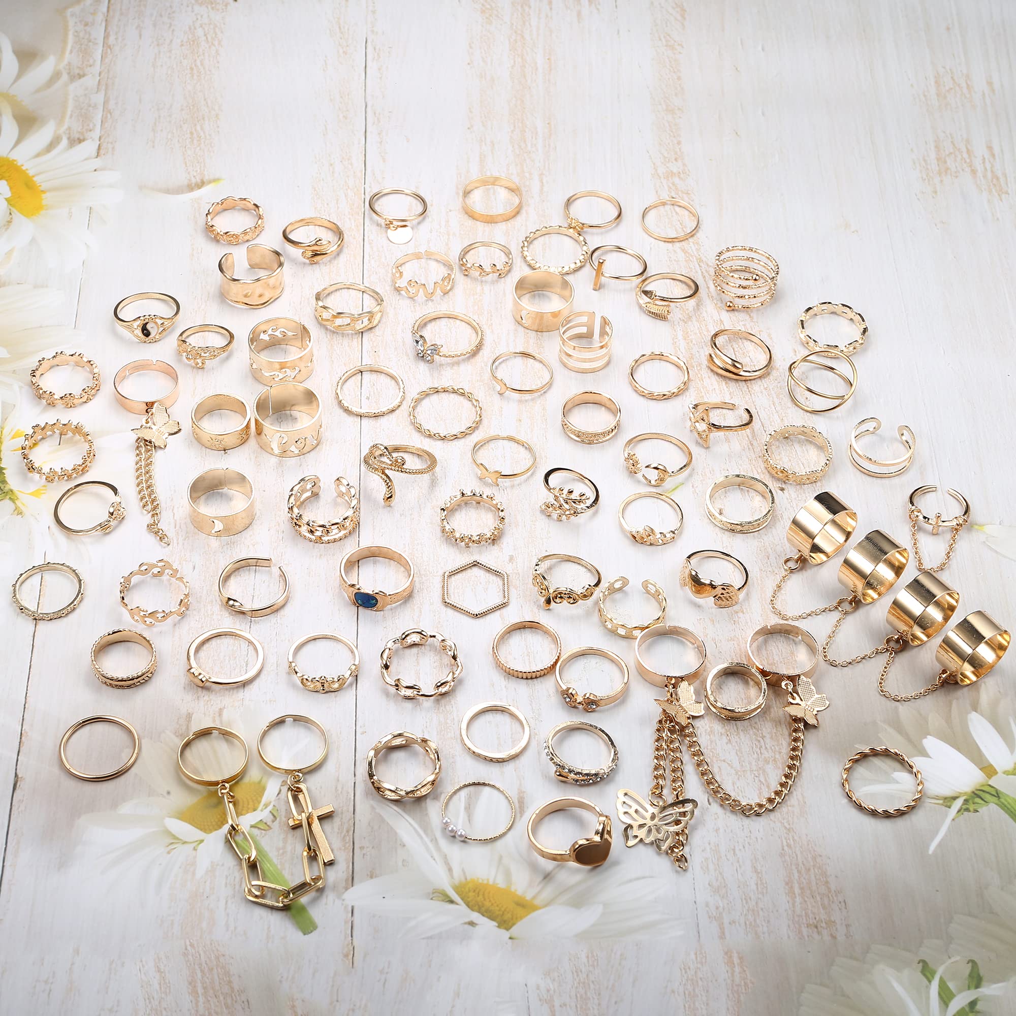 ORAZIO 70 Pcs Vintage Gold Knuckle Rings for Women Boho Stackable Rings Chain Snake Butterfly Finger Rings Trendy Aesthetic Adjustable Rings Pack