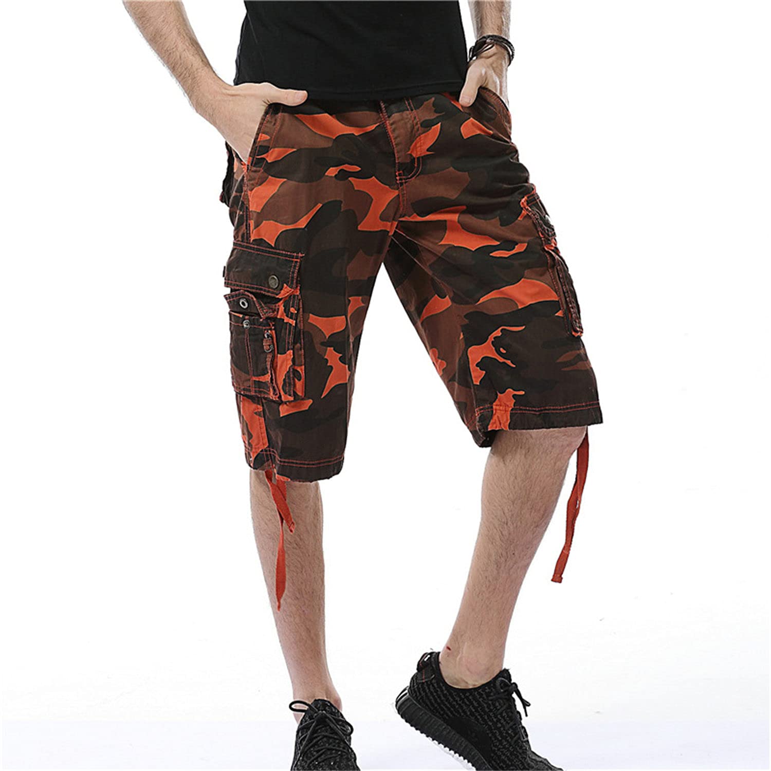 Men's Camouflage Cargo Shorts Lightweight Short With Multi Pockets Casual Loose Outdoor Beach Short (Orange,36)