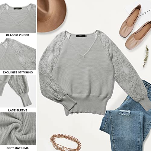 ZCSIA Women's Long Sleeve V Neck Lace Patchwork Solid Color Ribbed Knit Pullover Sweater Tops,SolidGrey,Small
