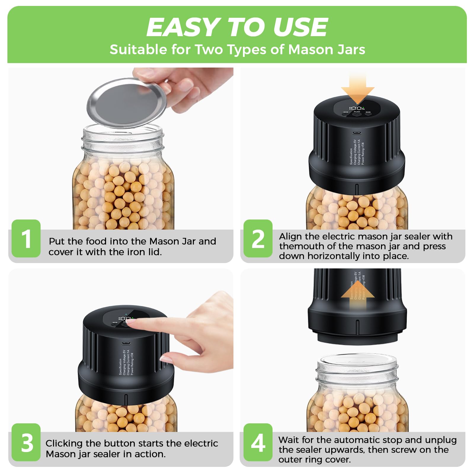 YANOY Electric Mason Jar Vacuum Sealer Kit for Wide Mouth and Regular Mouth Mason Jars, Food Saver Bags & Vacuum Seal Containers, ๐ฎ๐ฌ๐ฎ๐ฐ ๐๐ฆ๐๐ซ๐ญ ๐๐ฉ๐ ๐ซ๐๐๐ - ๐๐ฅ๐๐๐ค ๐๐ซ๐จ