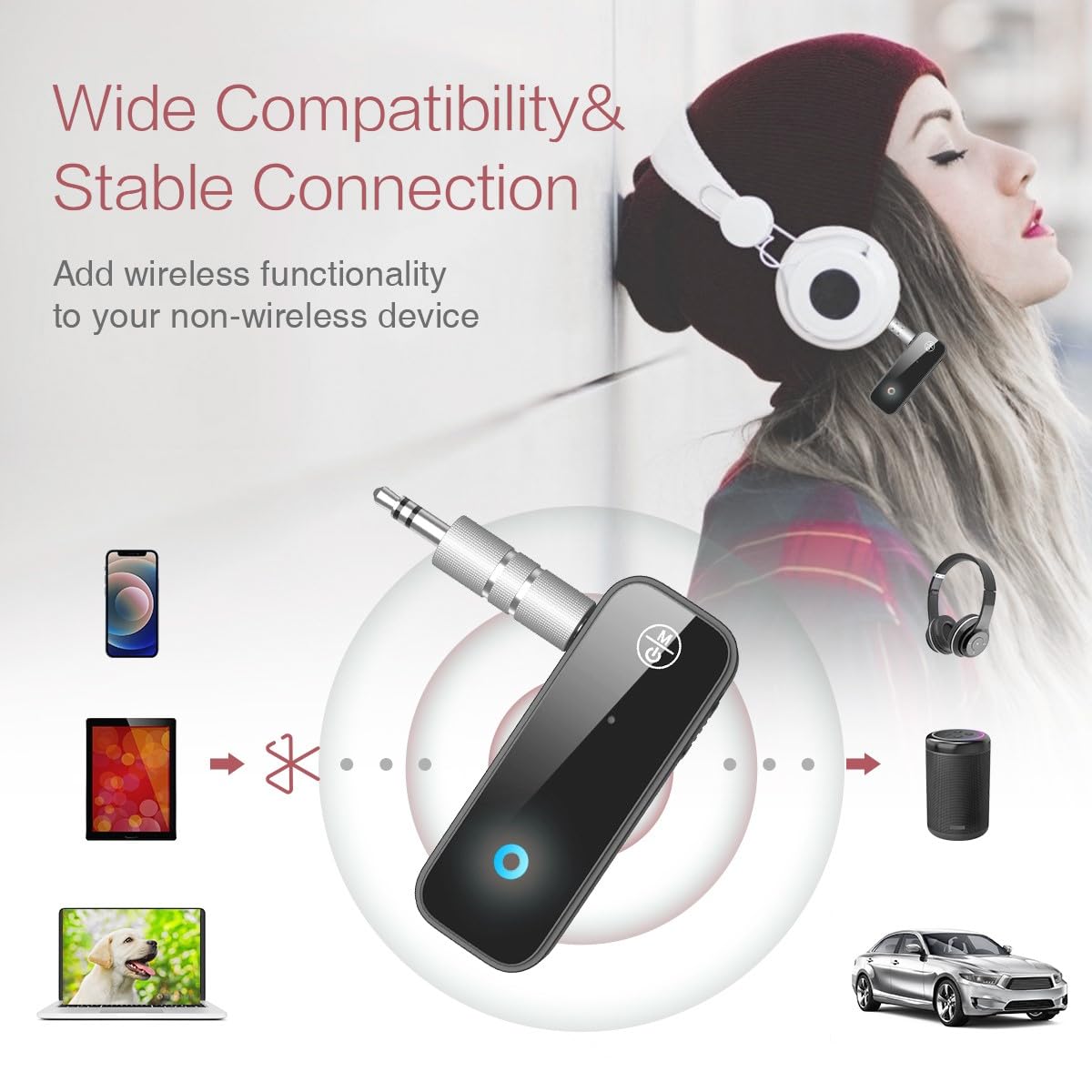 LOFICOPER Bluetooth AUX Adapter for Car, Bluetooth 5.0 Transmitter Receiver, 2 in 1 Wireless 3.5mm Audio Adapter for Cars, Speakers, Stereo Systems, Headphones, Hands-Free Call