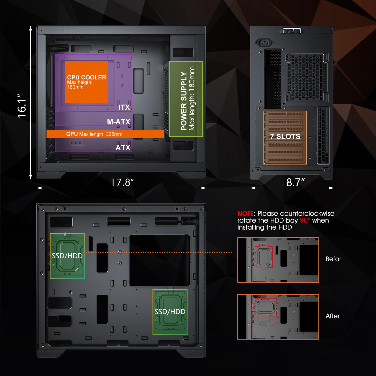 Vetroo AL-MESH-7C Compact ATX PC Case, Front Power Supply, Top 360mm Radiator Support, Type-C & USB 3.0 I/O Panel, High-Airflow Mesh Gaming Case w/Rear 120mm Addressable RGB & PWM Fan