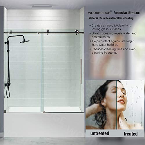 WOODBRIDGE Frameless Sliding Bathtub Door, 56"-60" Width, 62" Height, 3/8" (10 mm) Clear Tempered Glass, Brushed Nickel Finish, Designed for Smooth Door Closing and Opening. MBSDC6062-B4
