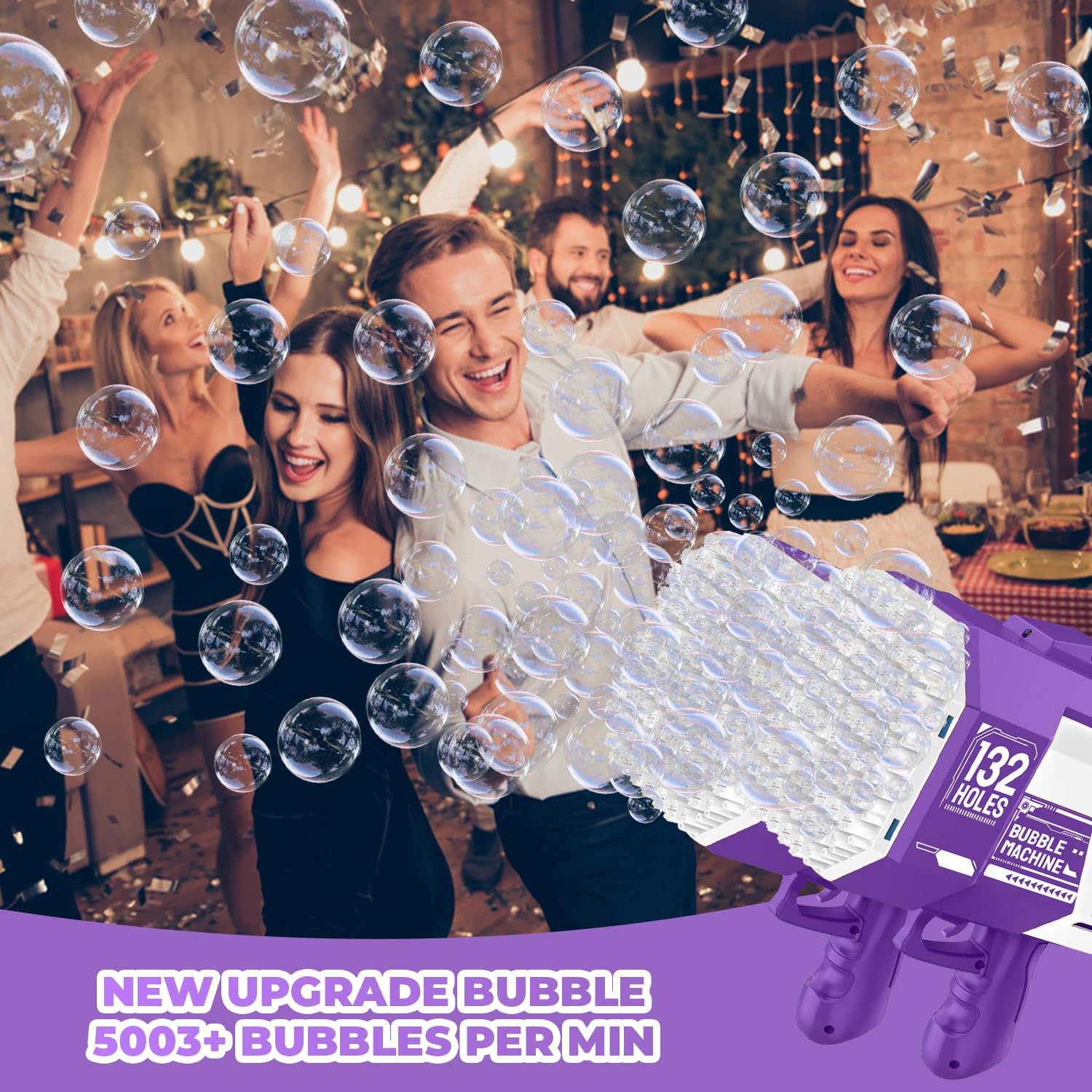 Kubromsky 132 Hole Bubble Machine Gun with Lights for Kids and Adults - Bazooka Bubble Gun for Kids and Special Events - 5000+ Bubble Blaster Per Min - Electric Rocket Bubble Gun (Purple)