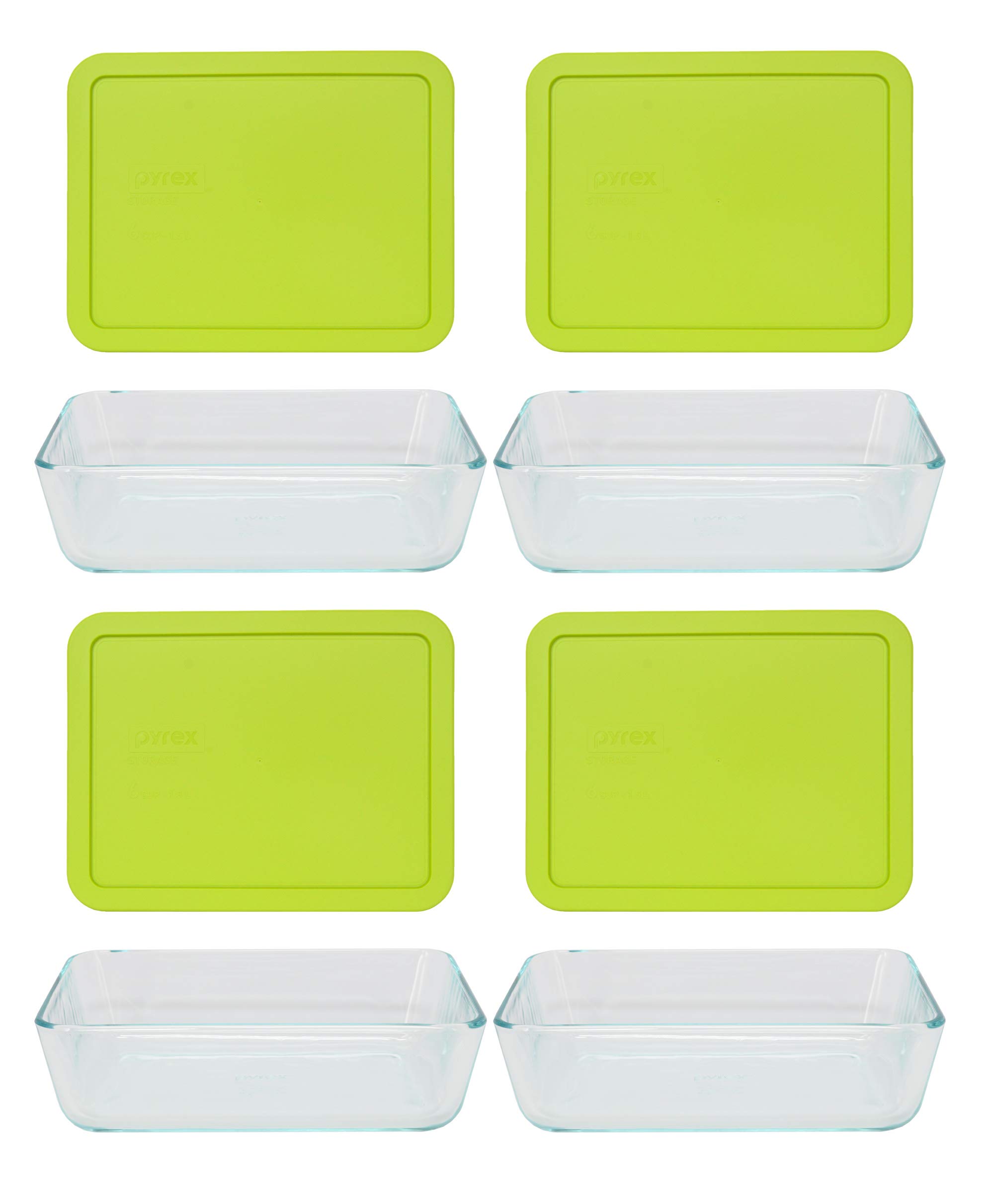 Pyrex (4 7211 6 Cup Glass Dishes & (4) 7211 6 Cup Rectangle Edamame Green Lids Made in the USA