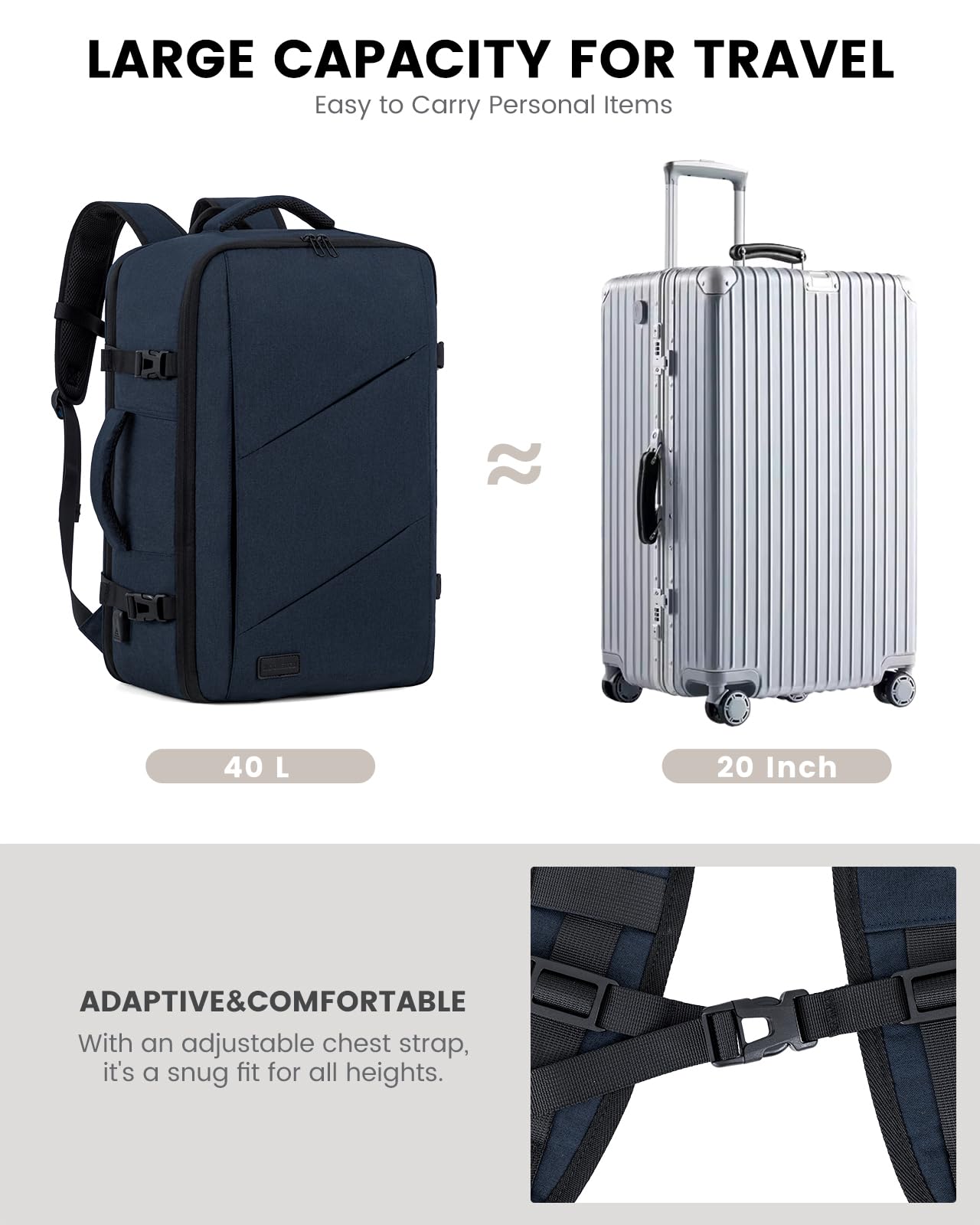 LOVEVOOK Travel Backpack, Expandable 50L Extra Large Carry on Backpack, Flight Approved, Anti-Theft Water Resistant 18 Inch Weekender Backpack for Men Women, with USB Port, Navy Blue