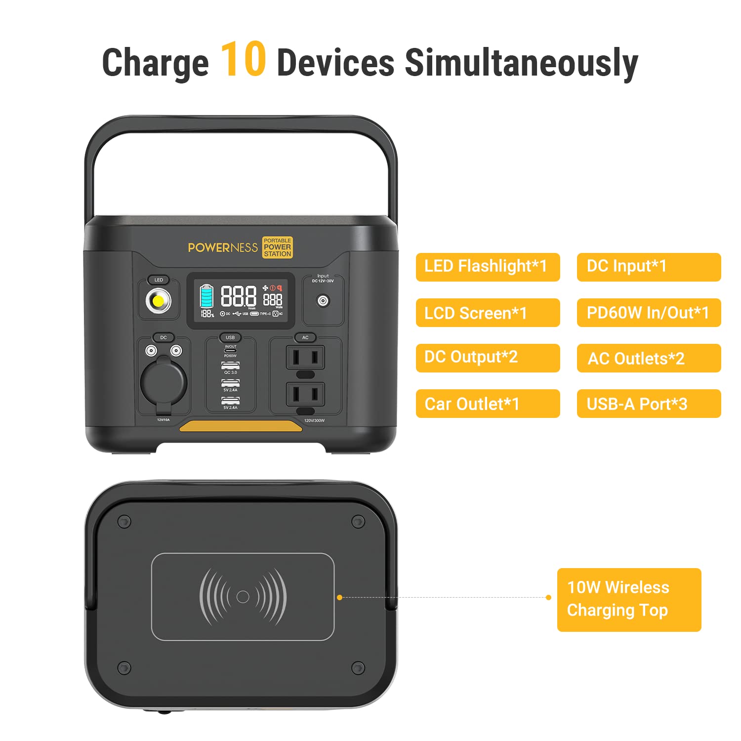 Powerness Solar Generator 300 Portable Power Station 296Wh with 80W Portable Solar Panel, Battery Powered Generator with 2x300W AC Outlets (Surge Power 600W) and PD 60W In/output for Outdoor Camping