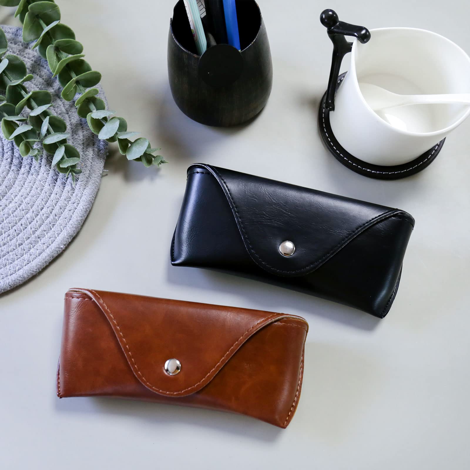 LogHog Portable Leather Glasses Case,Mother's Day Gifts Durable Soft Sunglasses Pouch Slim Case for Women Men Horizontal Eyeglass Case (Button - Brown)