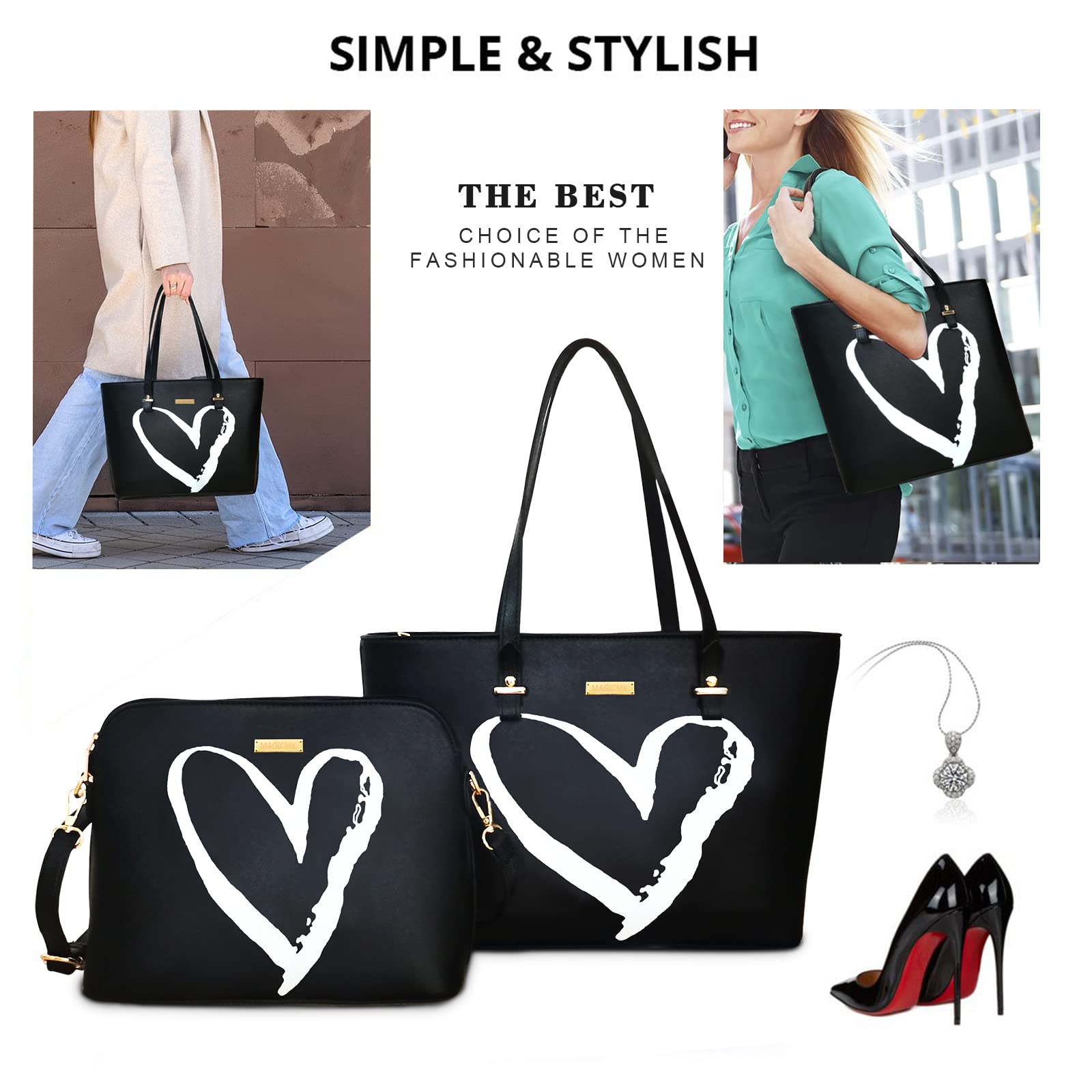 Satchel Bags for Women Fashion Handbag Leather Shoulder Bag Large Capacity Black Work Bag 2 PCS Set (Heart)