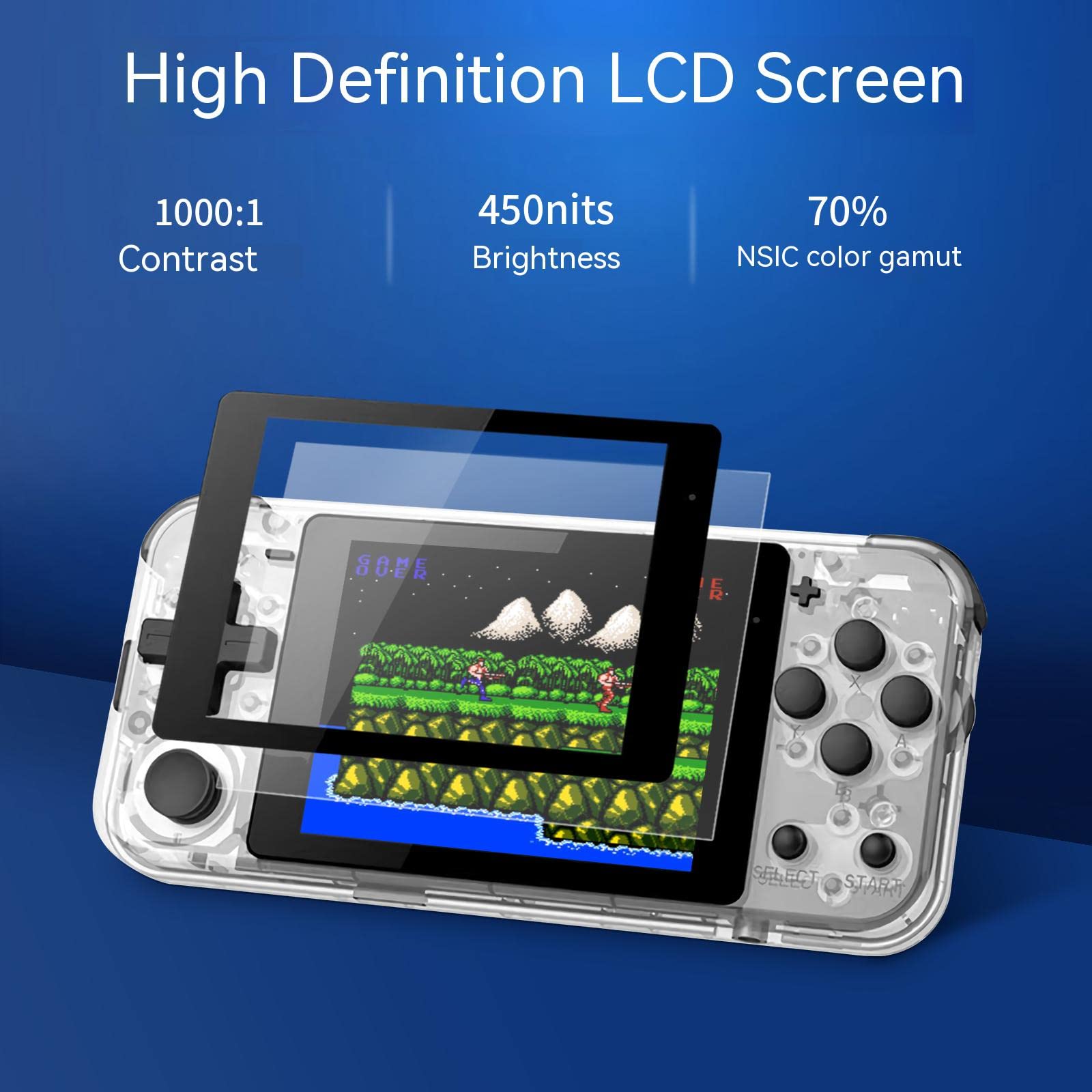 Q90 Portable Game Console, Open Source Linux System, Vibration Motor, 1100 Games, Compatible with Various Simulators (Color of Transparency, 16G)