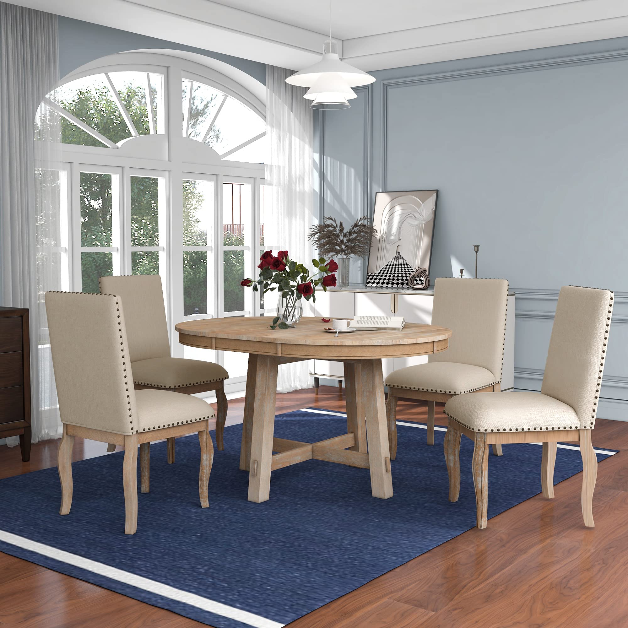 KELRIA 5-Piece Farmhouse Set Round Extendable Table and 4 Upholstered Chairs, for Dining, Living Room, and Kitchen, Natural Wood Wash
