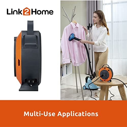 Link2Home Heavy Duty Retractable Extension Cord Reel 20 Ft. With 4 Outlets & 16AWG 3-Prong SJT Cord