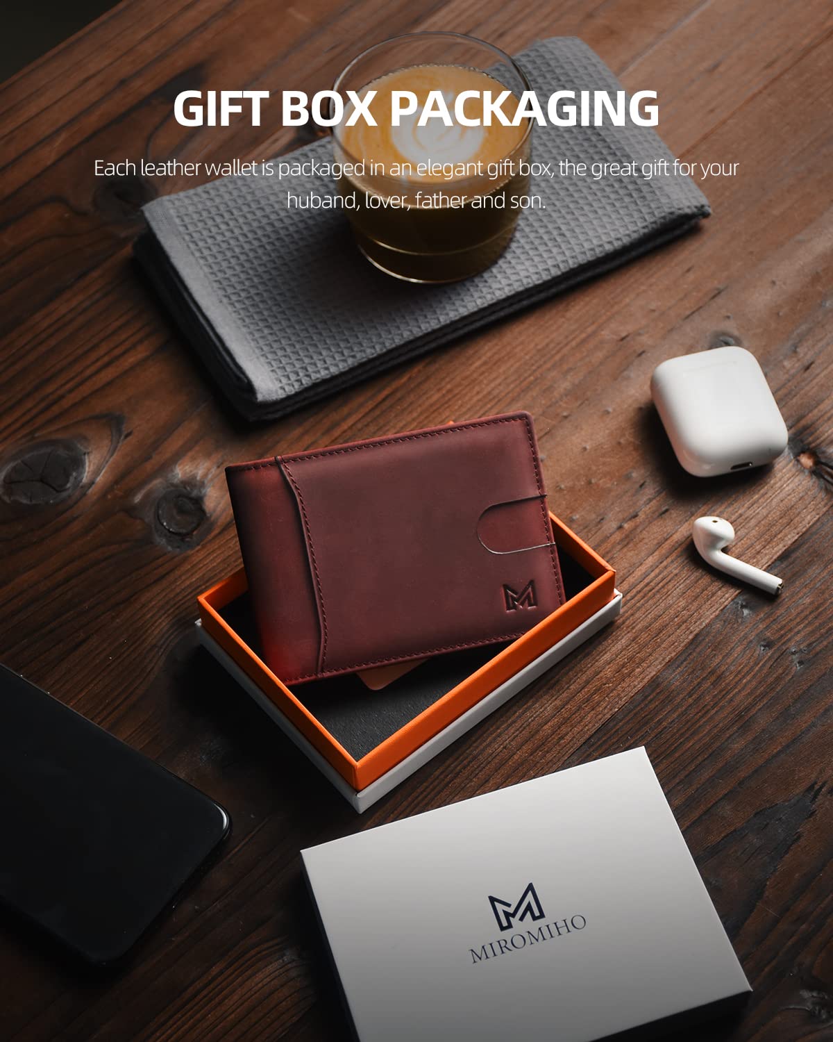 MIROMIHO Genuine Leather Slim Wallet for Men Minimalist Bifold RFID Blocking with Gift Box