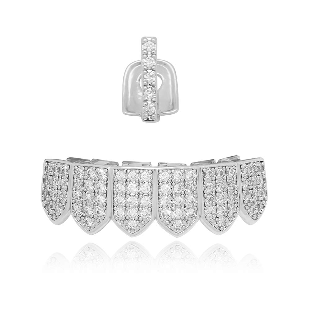 LuReen Silver Pave Full CZ Bar Grillz Teeth Top and 6 Bottom Set Grills + Extra Molding Bars for Halloween Costume Cosplay
