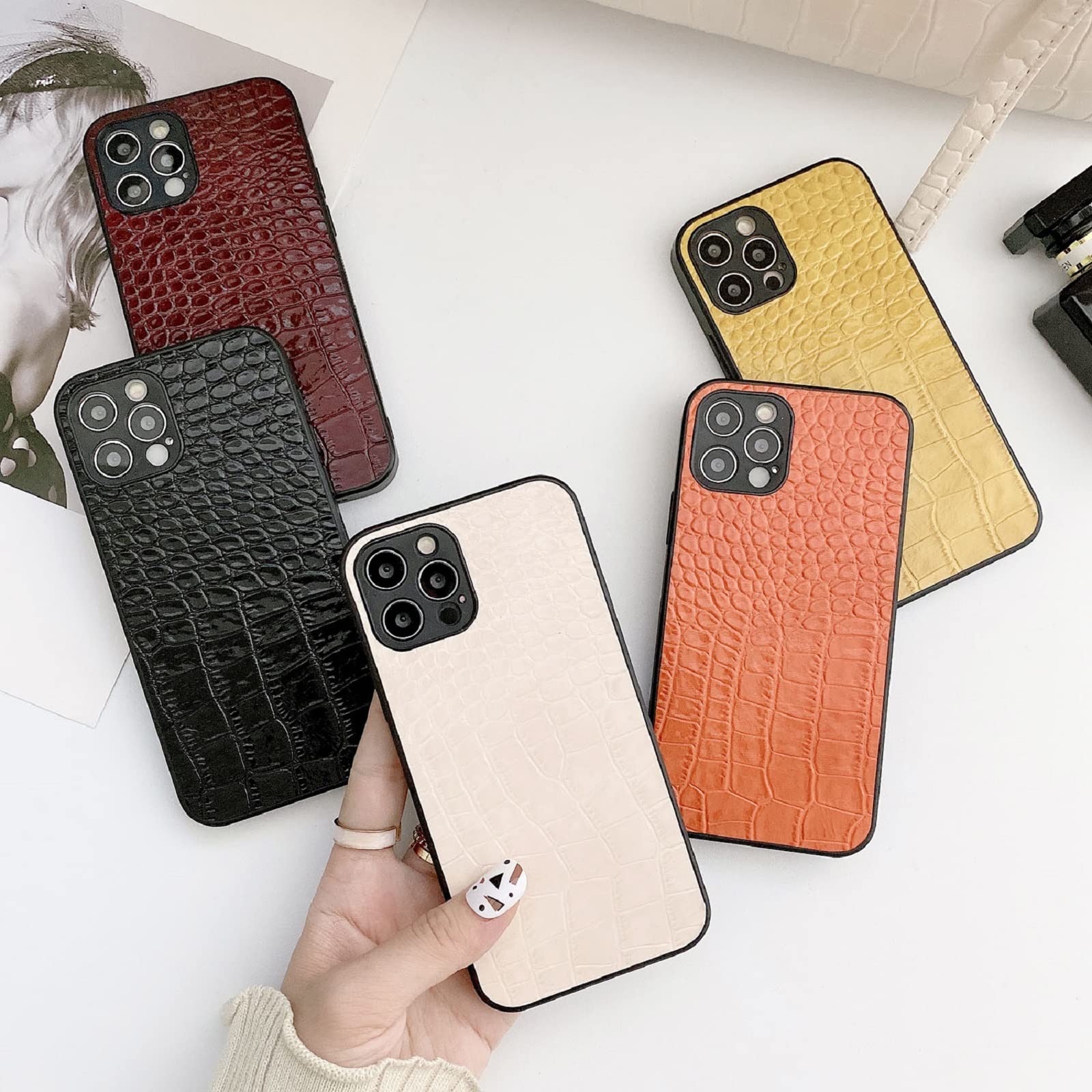 KELUOAS iPhone 12 Pro Max Case for Women,Crocodile Synthetic Patent Leather Cover, Classic Fashion Case-Wine Red