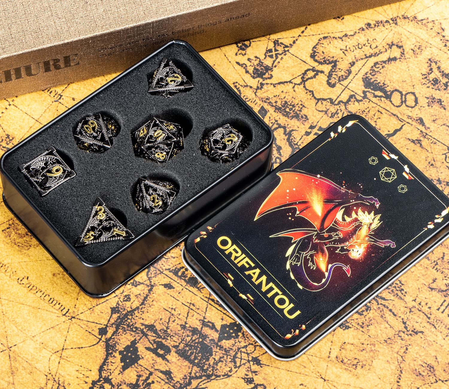 ORIFANTOU Hollow Metal Dice Set Gold Black DND Dice with Gift Box, 7PCS D and D Dice Role Playing Game Dungeons and Dragons RPG Polyhedral Dice Cool D&D Dice Set