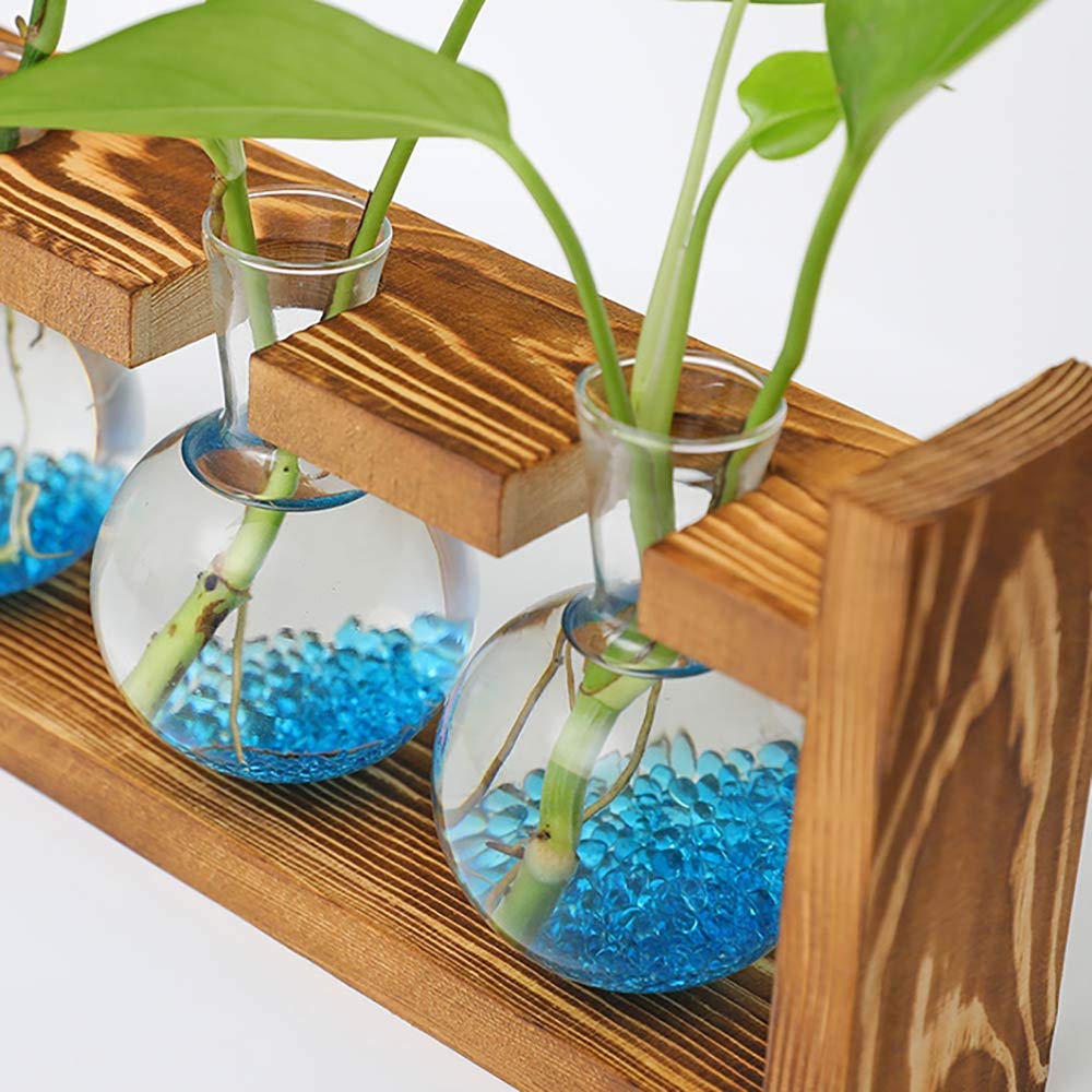 Kingbuy Plant Propagation Station Glass Terrarium Planter Flower Vase with Retro Solid Wooden Stand for Home Kitchen Indoor Garden Wedding Desktop Decor, 3 Bulb Vase