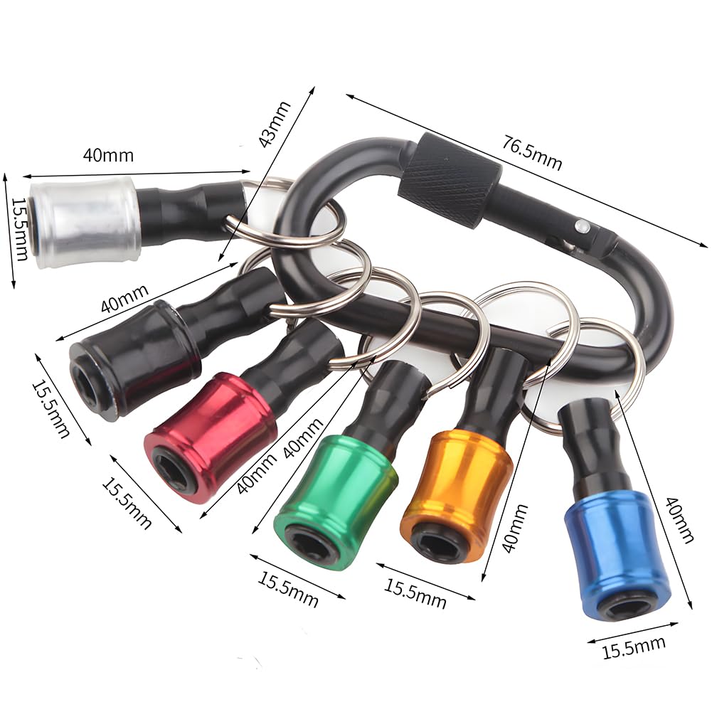 KUSONKEY Portable Keychain Drill Screw Adapter, 6pcs 1/4 inch Hex Shank Aluminum Alloy Screwdriver Bits Holder Upgraded Design, Lightweight and Quick- Change,Extension Bar with Black Carabiner