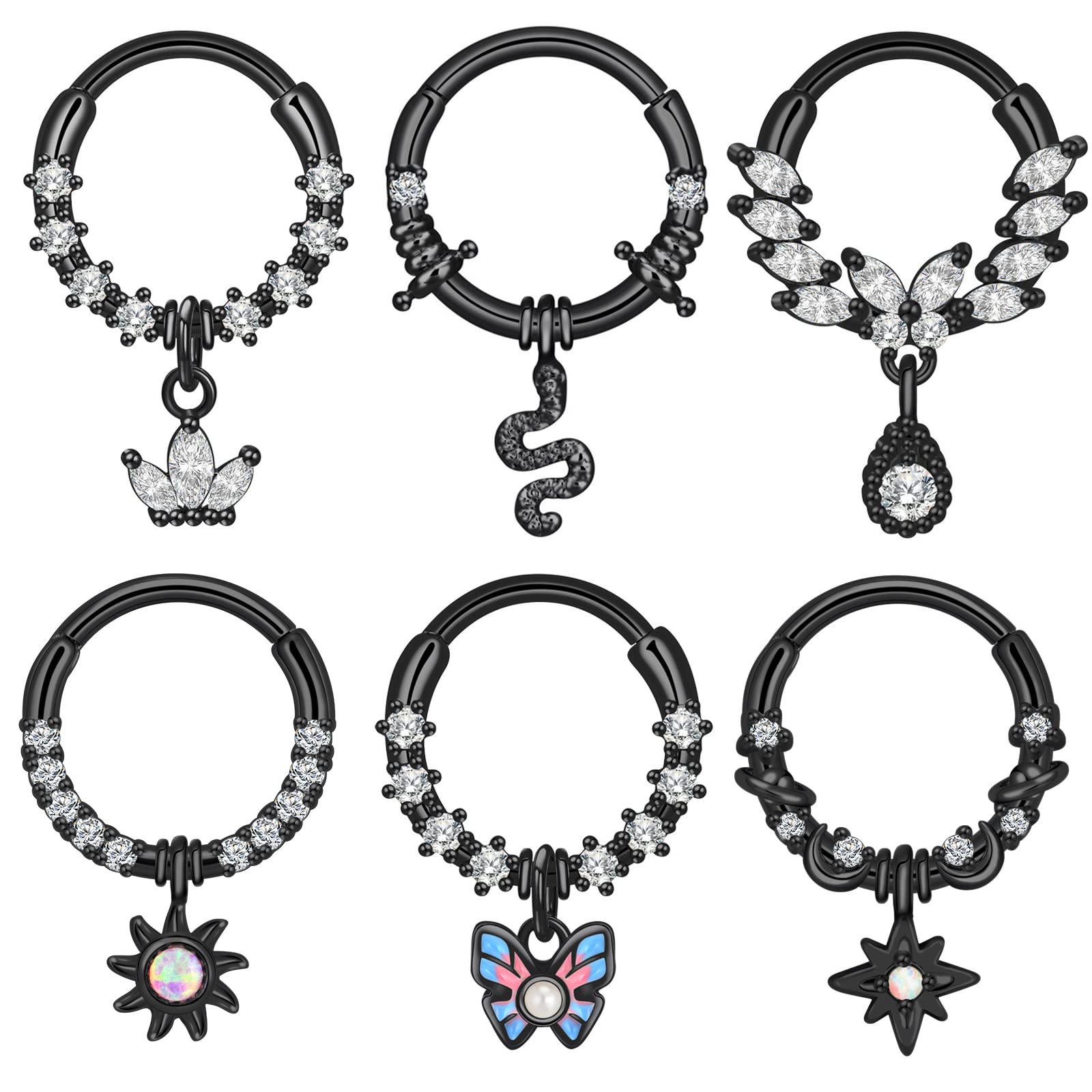 Qmcandy 6pcs Stainless Steel Wire Wrapped Septum Clicker Triple Spike Hinged Seamless Ring 16g Nose Piercing Jewelry, Black 3/8"
