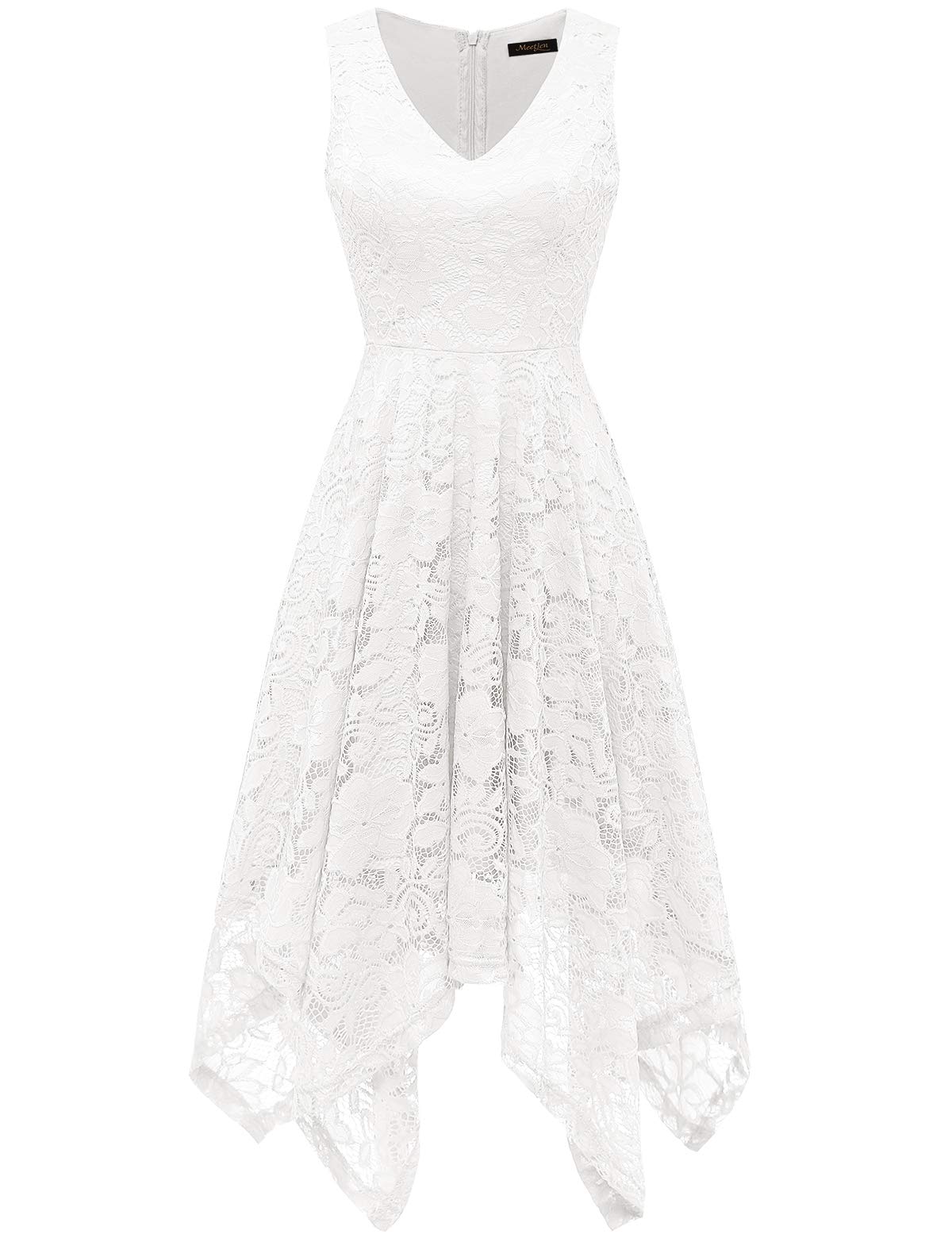 Meetjen Women's Vintage V Neck Dress Handkerchief Hem Asymmetrical Cocktail Formal A-Line Dresses White XL