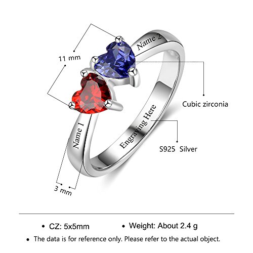 Nauchild Personalized Womens Ring with 2 Heart Shape Birthstones and 2 Names 925 Sterling Silver Rings for Mother/Wife (7)