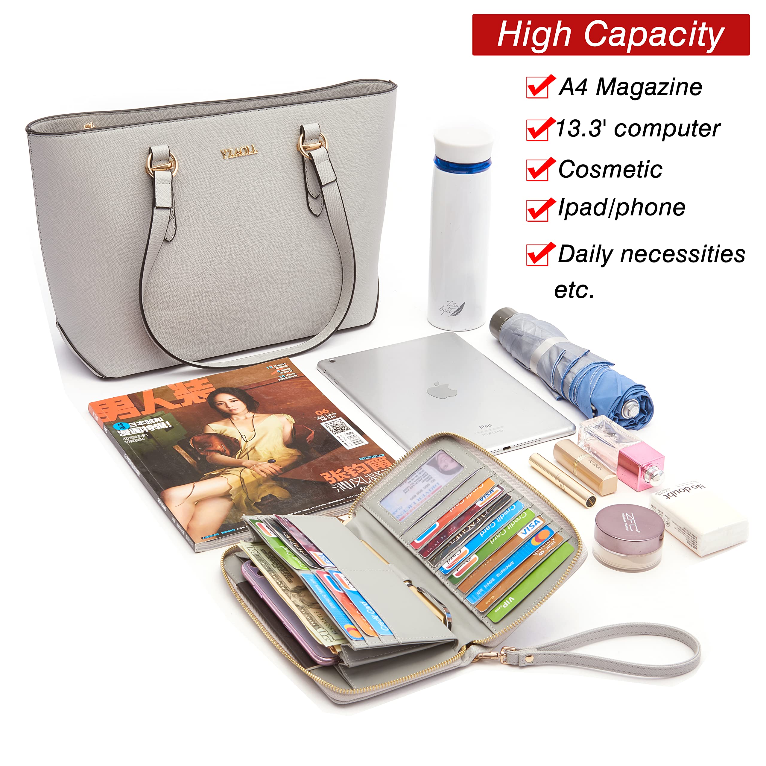 Purses for Women Large Tote Shoulder Satchel Bags Double Handle Handbags and matching Wallet set 2pcs Grey
