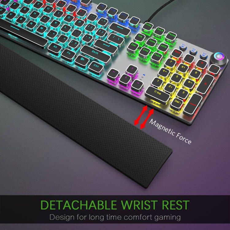 TEWELL Quick Responsible Blue Switches Mechanical Gaming Keyboard, Rainbow LED Rainbow Backlit Typewriter Keyboards with Removable Hand Rest, 104 Anti-ghosting Keys, for PC, Laptop, Computer