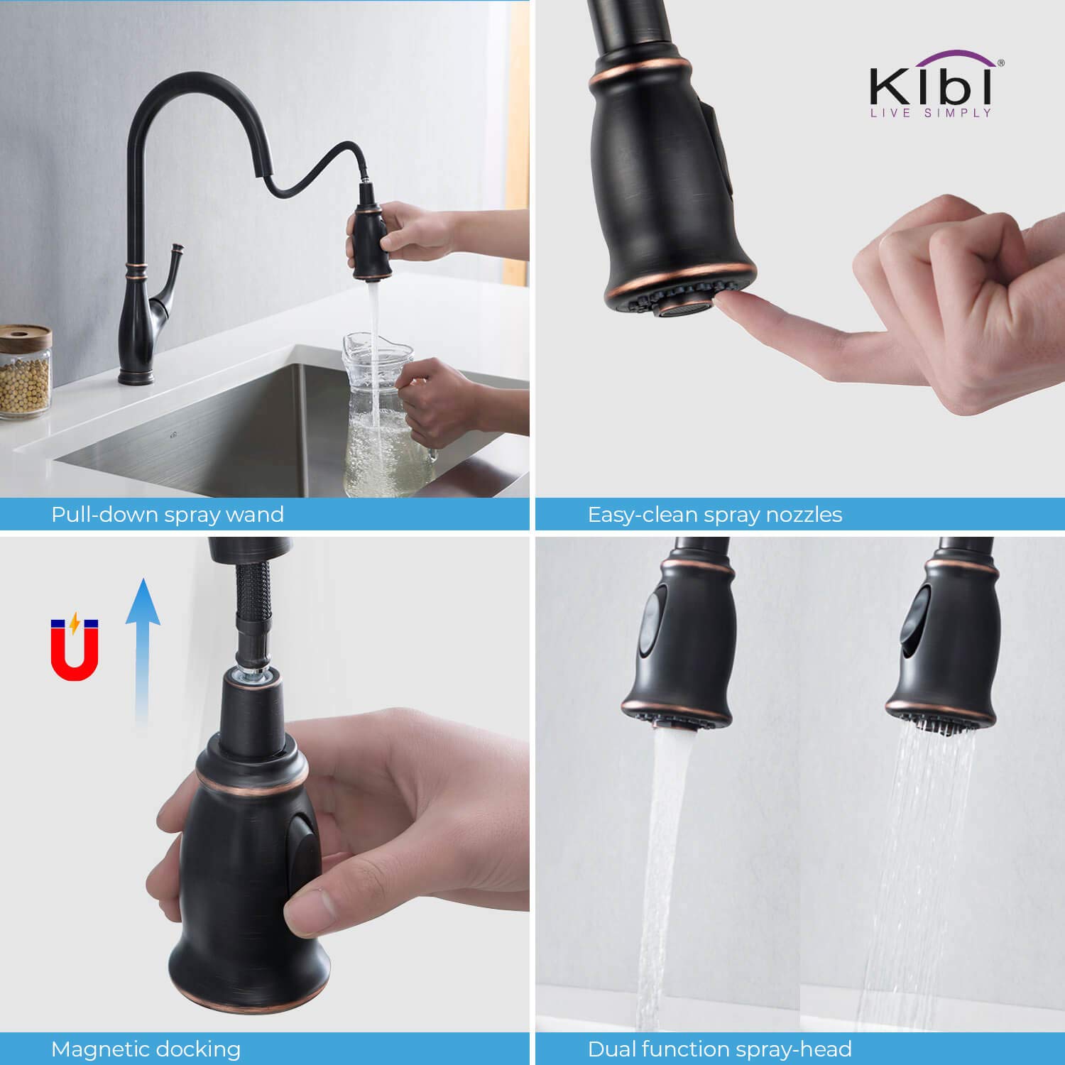 KIBI Summit Single Handle Pull Down Faucet for Kitchen Sink | Solid Brass High Arc Faucet Spout | 360 Degree Swivel Faucet with Pull Down Sprayer (Oil Rubbed Bronze)(KKF2009)(Soap Dispenser included)