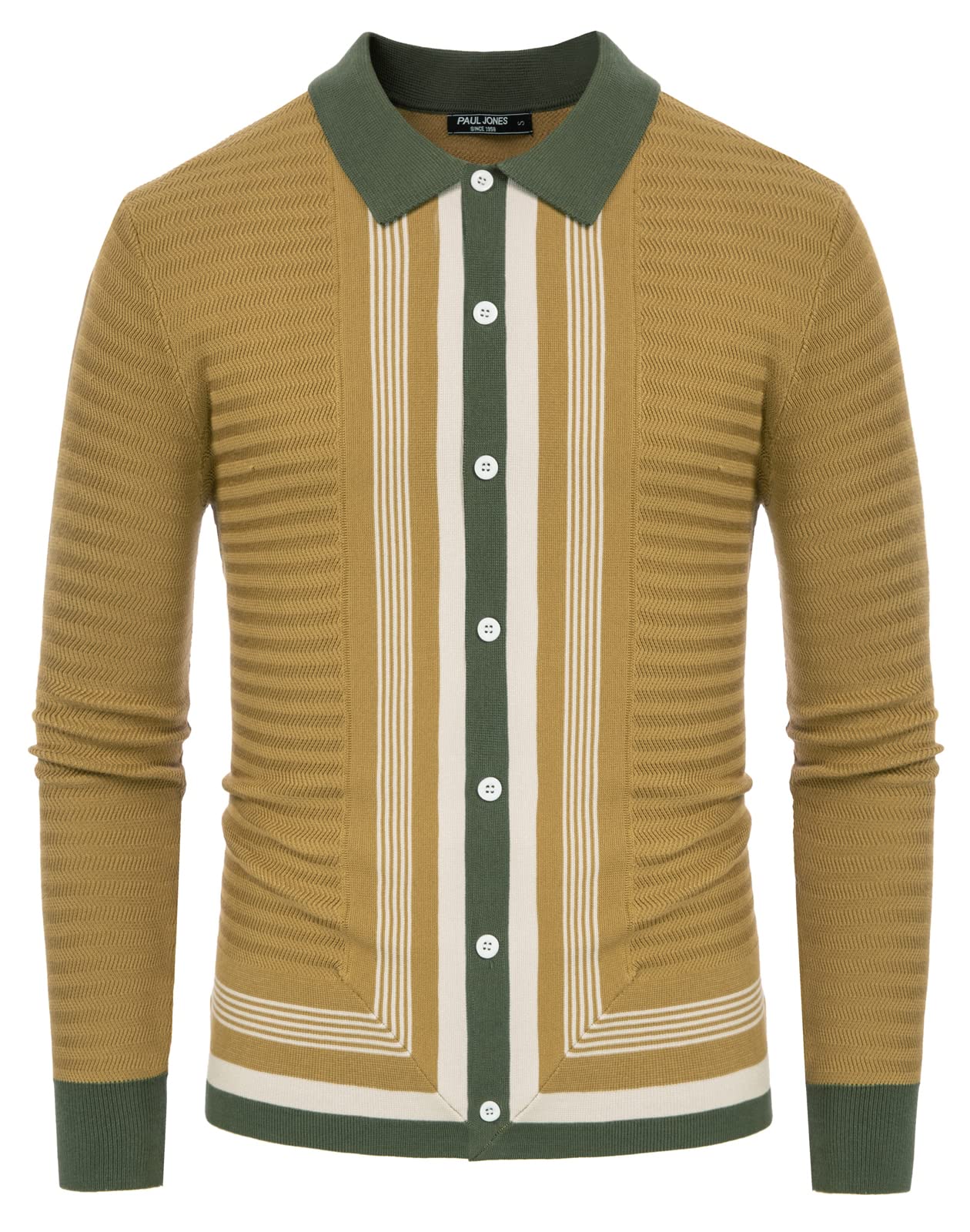 PJ PAUL JONES Men's Retro Contrast Striped Polo Shirts Long Sleeve Button Down Shirts