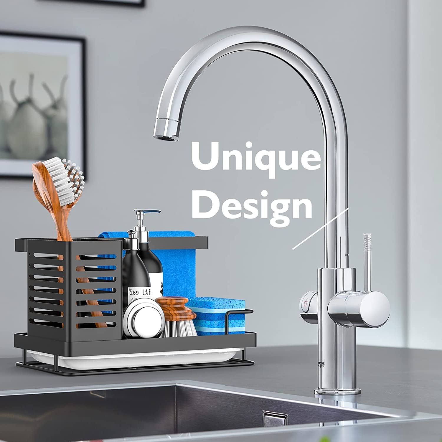 MURLONG Sink Caddy, Kitchen Sink Organizer Sponge Holder, Kitchen Sink Accessories Stainless Steel, Sink Brush Holder with Removable Drain Tray for Sponge, Dish Brush, Soap, Scrubber, Dishcloth-Black