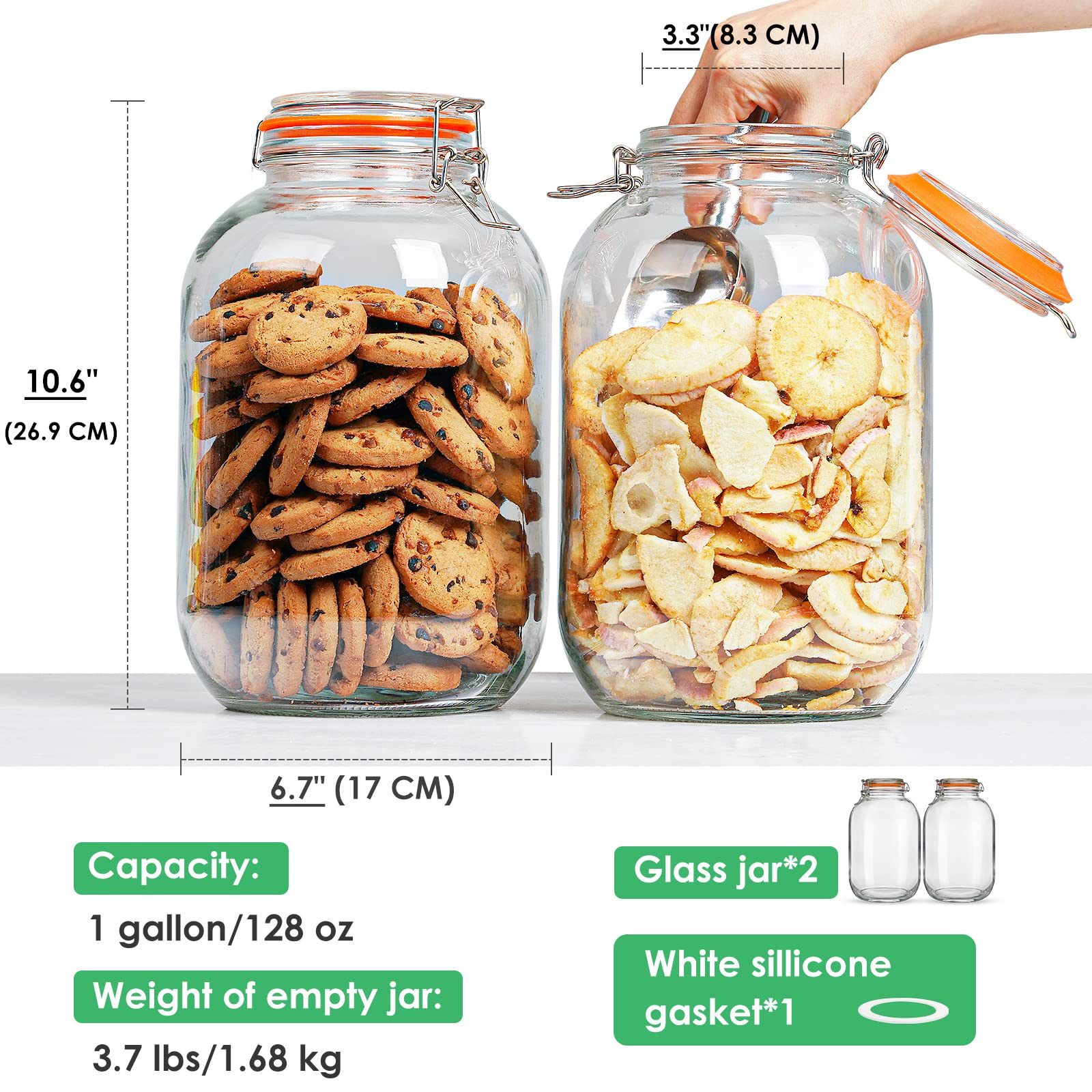 Qianfenie Glass Jars with Airtight Lids, 2 Pack - 1 Gallon Wide Mouth Storage Mason Jars with Hinged with 1 Replacement Silicone Gaskets for Fermenting, Canning, Preserving
