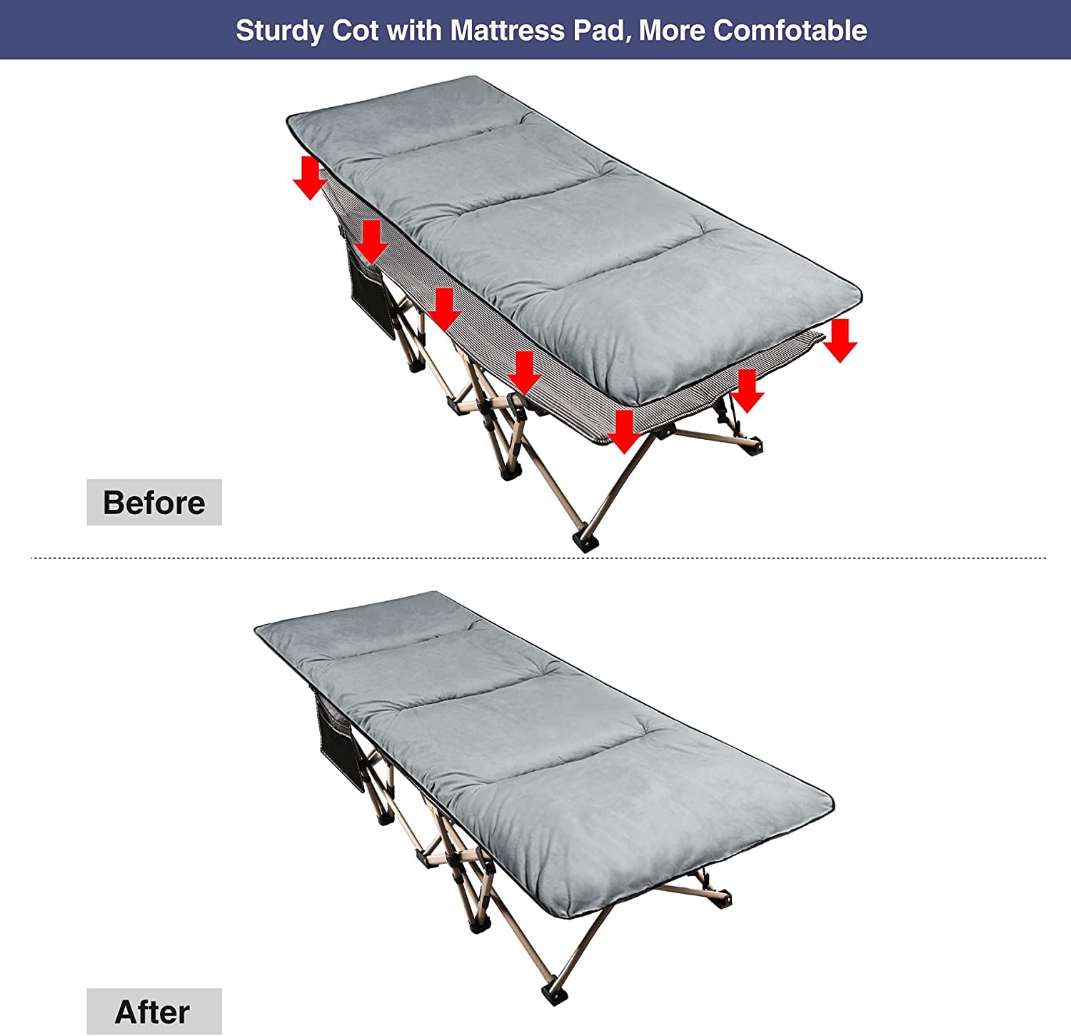 REDCAMP Folding Camping Cots with Cot Pads for Adults 500lbs, Double Layer Oxford Strong Heavy Duty Wide Sleeping Cots for Camp Office Use, Portable with Carry Bag, Grey